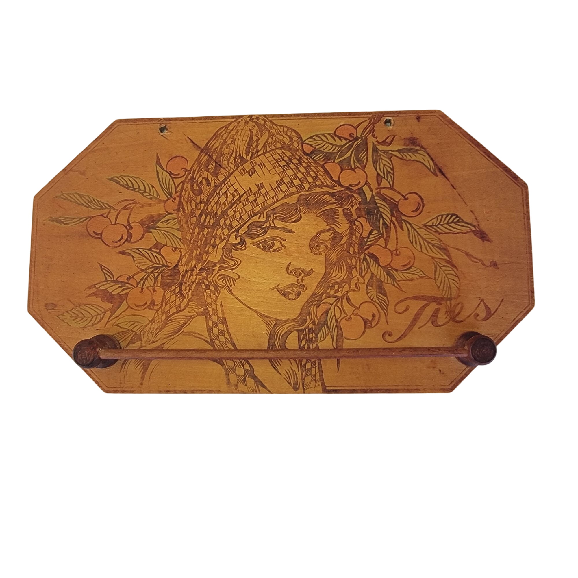 Vintage Wooden Pyrography Tie Holder With Lady & Cherry Design