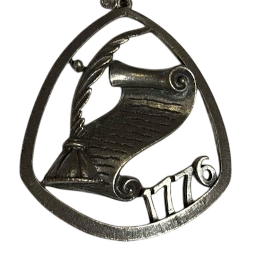 Vintage “1776 Spirit Of Calligraphy” Silvertone Pendant With 24” Chain