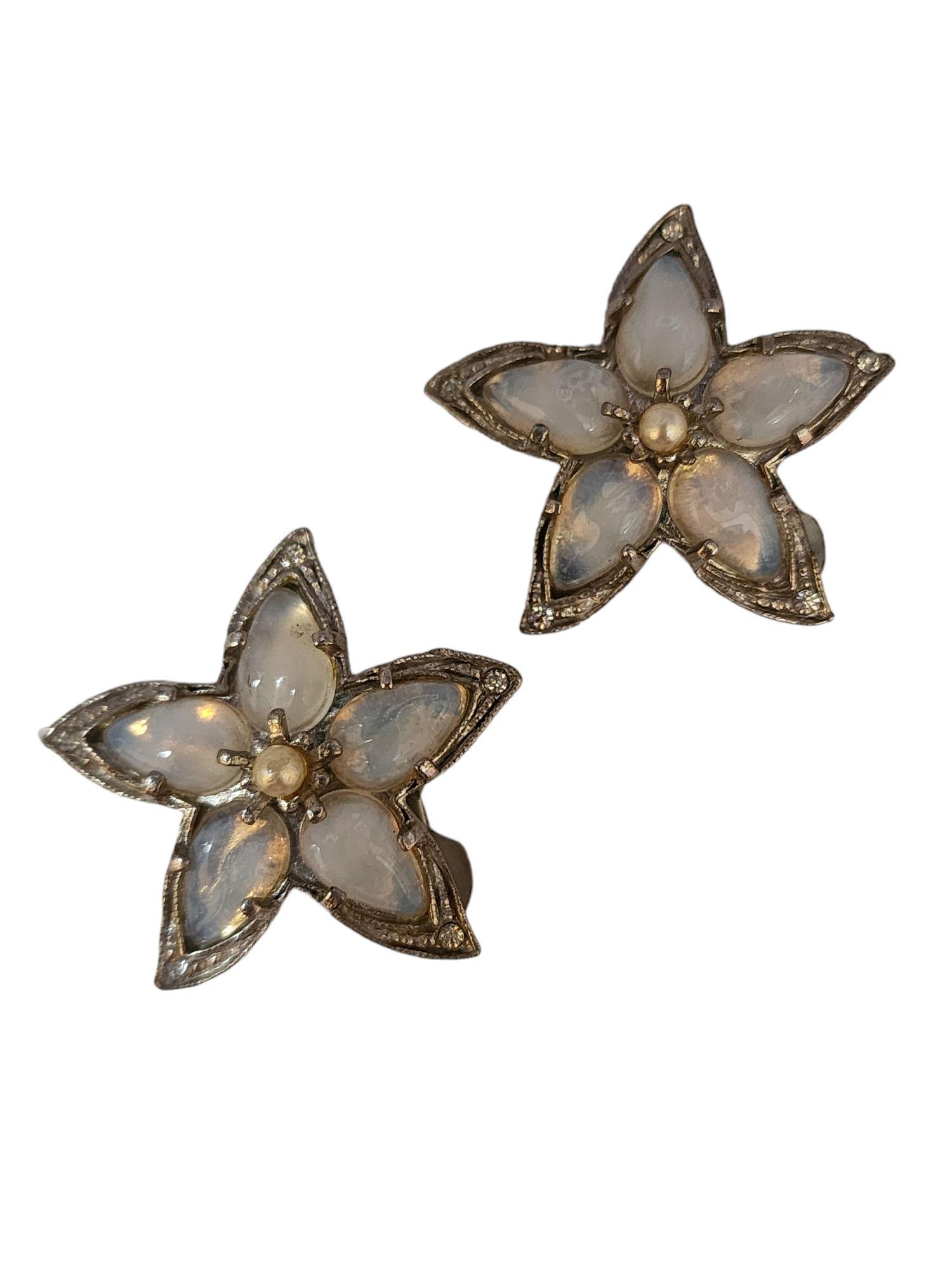 Vintage Opalescent Glass & Rhinestone Flower Clips (A4362)