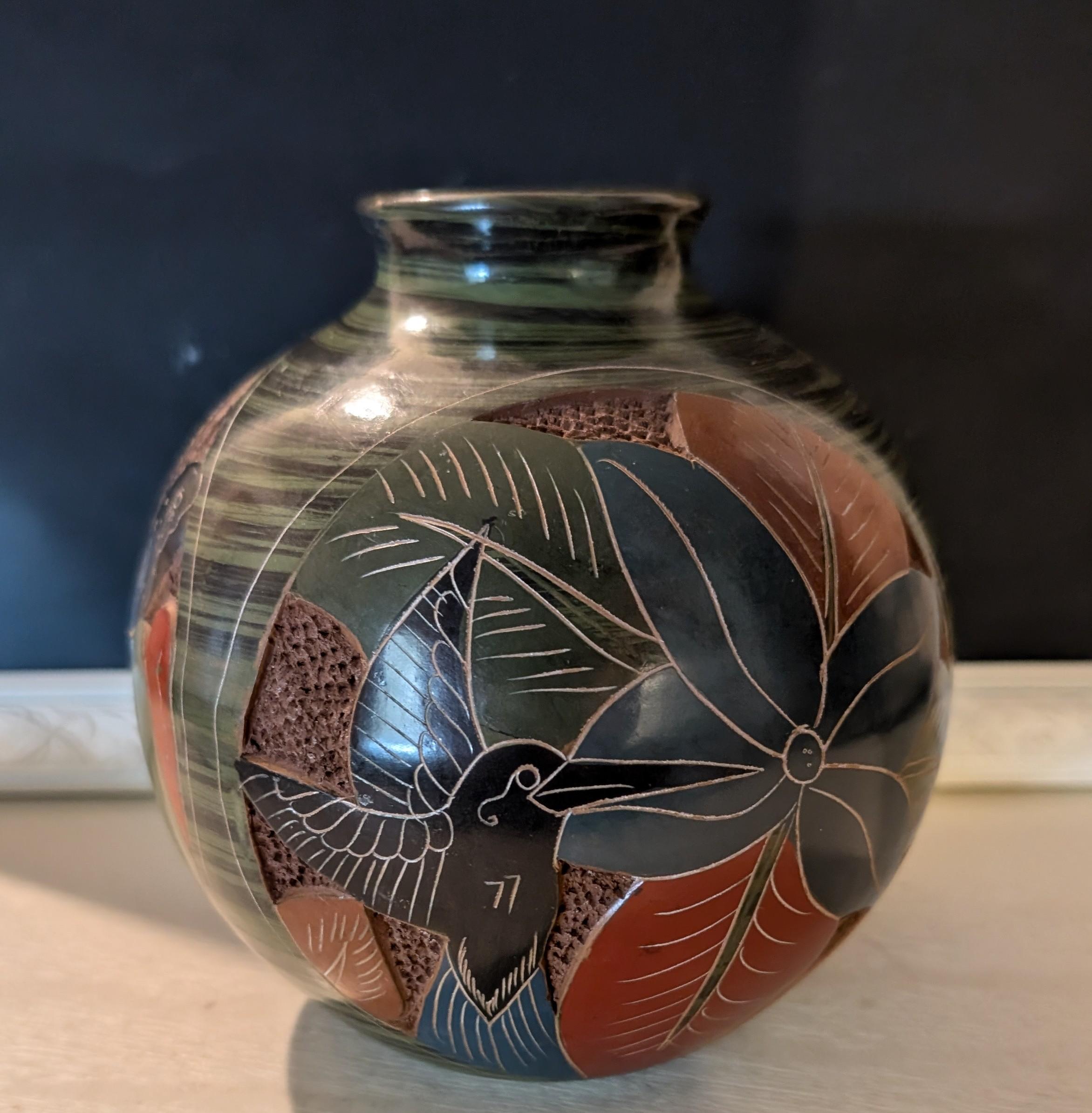 Handcrafted Costa Rican Pottery Vase with Hummingbird, Monkey And ...