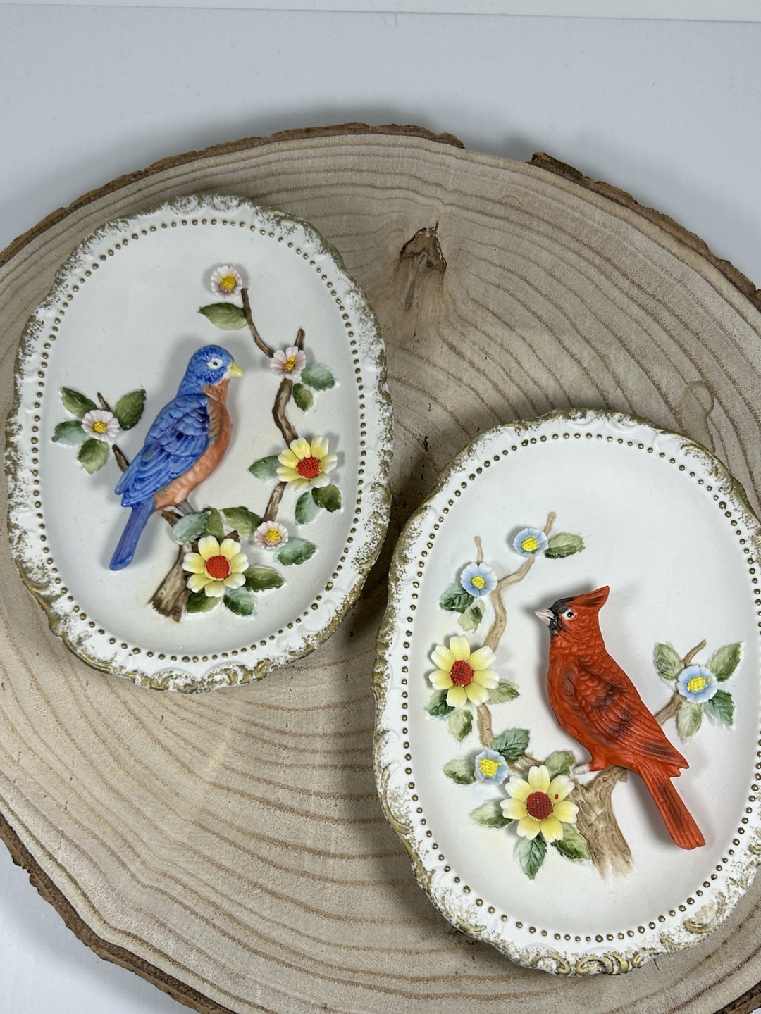 VTG Enesco Bird Plaques 3D Bisque Porcelain Cardinal Blue Bird Daisy ...