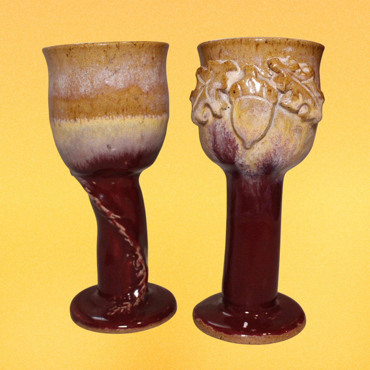 6.75" Set of 2 Pottery Goblet Candle Holders Autumn Acorn and Fall Red ...