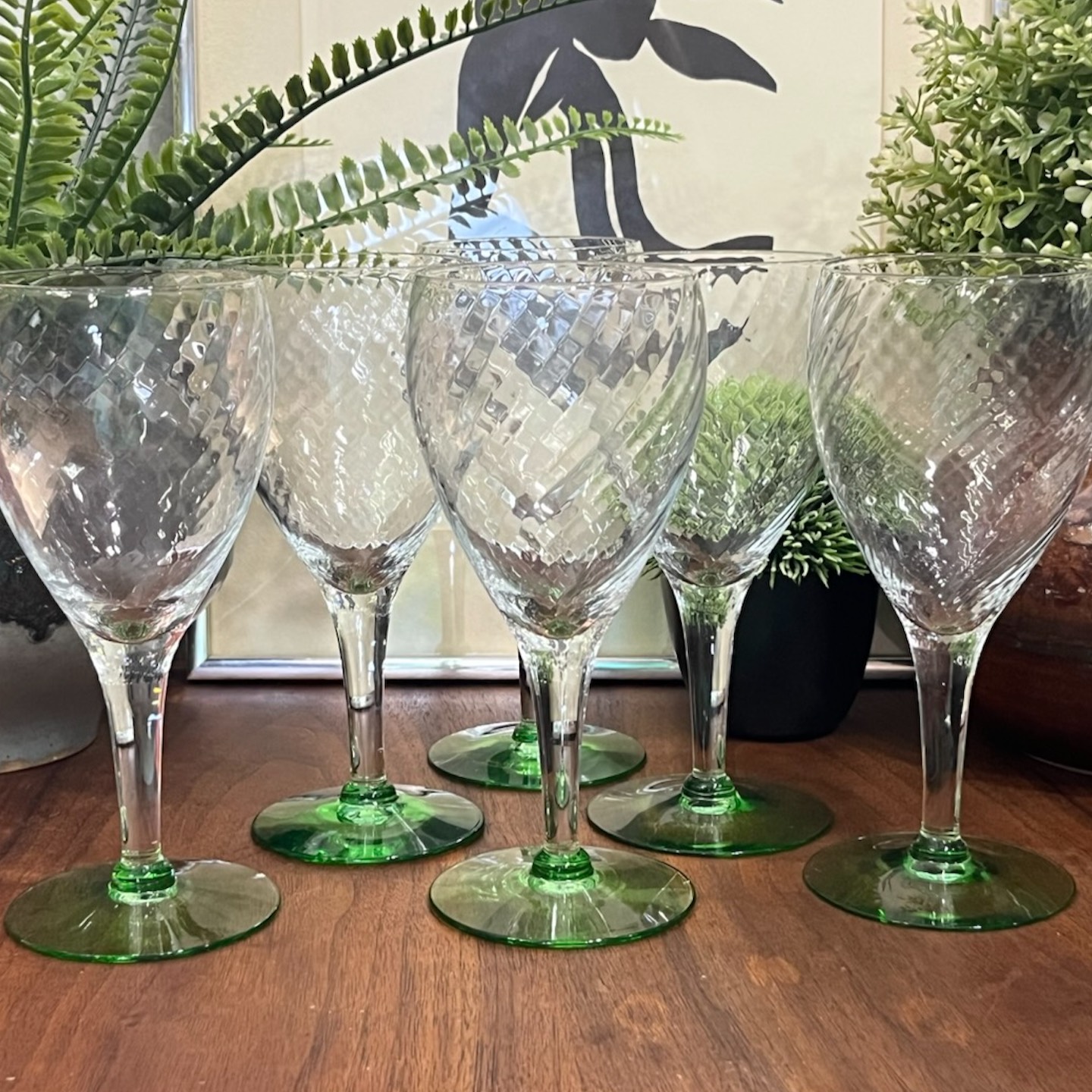 Vintage Uranium Glass Optic Swirl (6) Wine Glasses Stem Stemware Glows UV