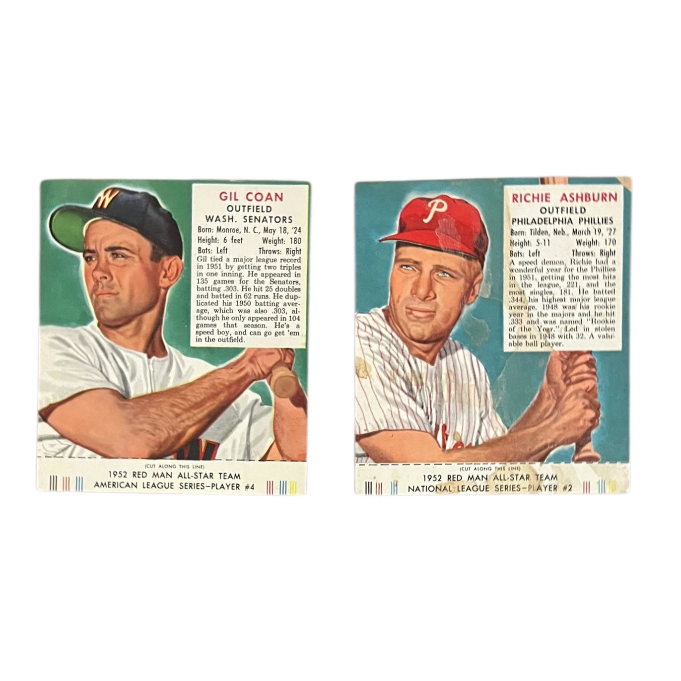 03. Pair Of 1952 Red Man Baseball Cards With Tabs: Richie Ashburn & Gil ...