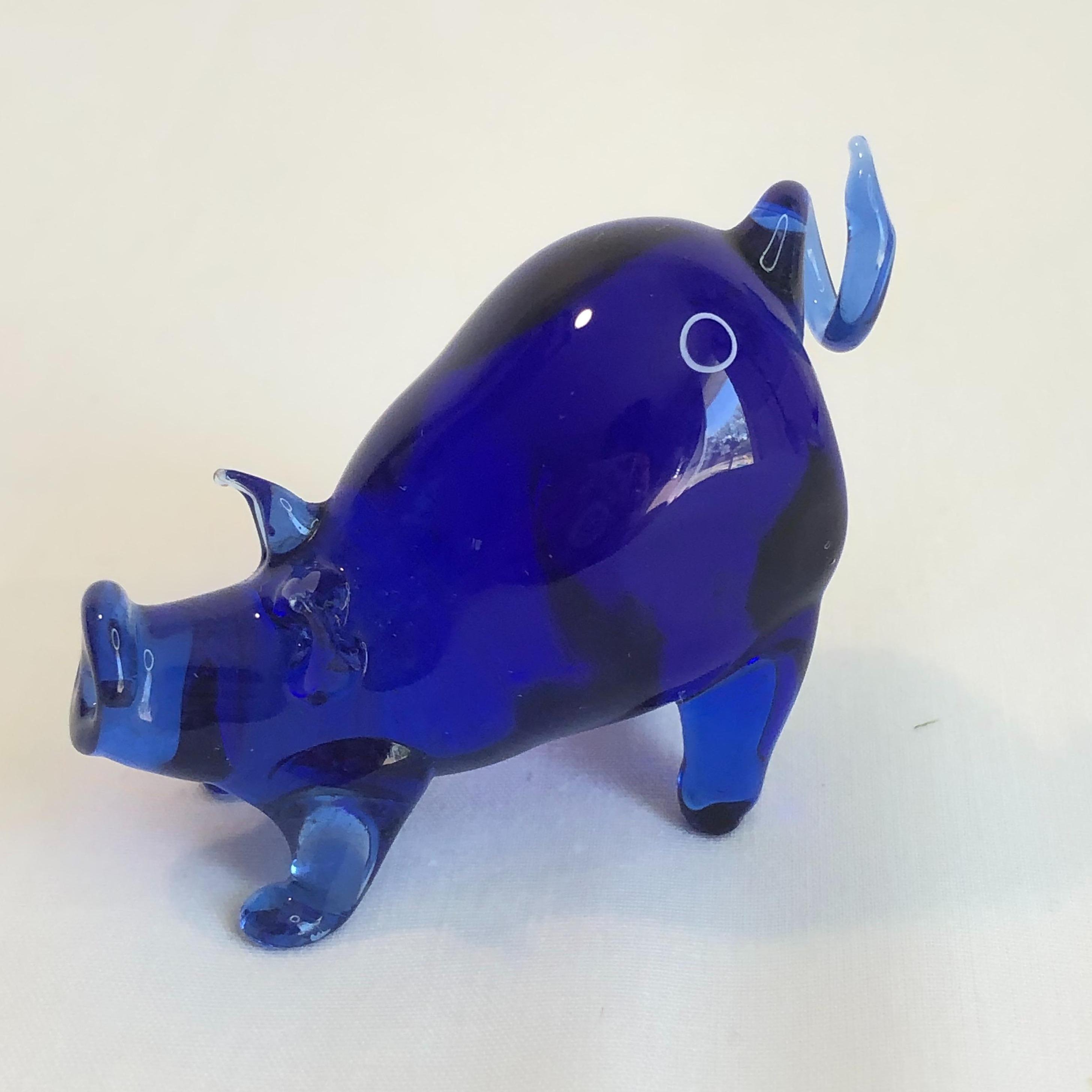 Small Bowing Cobalt Blue Art Glass Pig Figurine Handmade Blown Worn Label