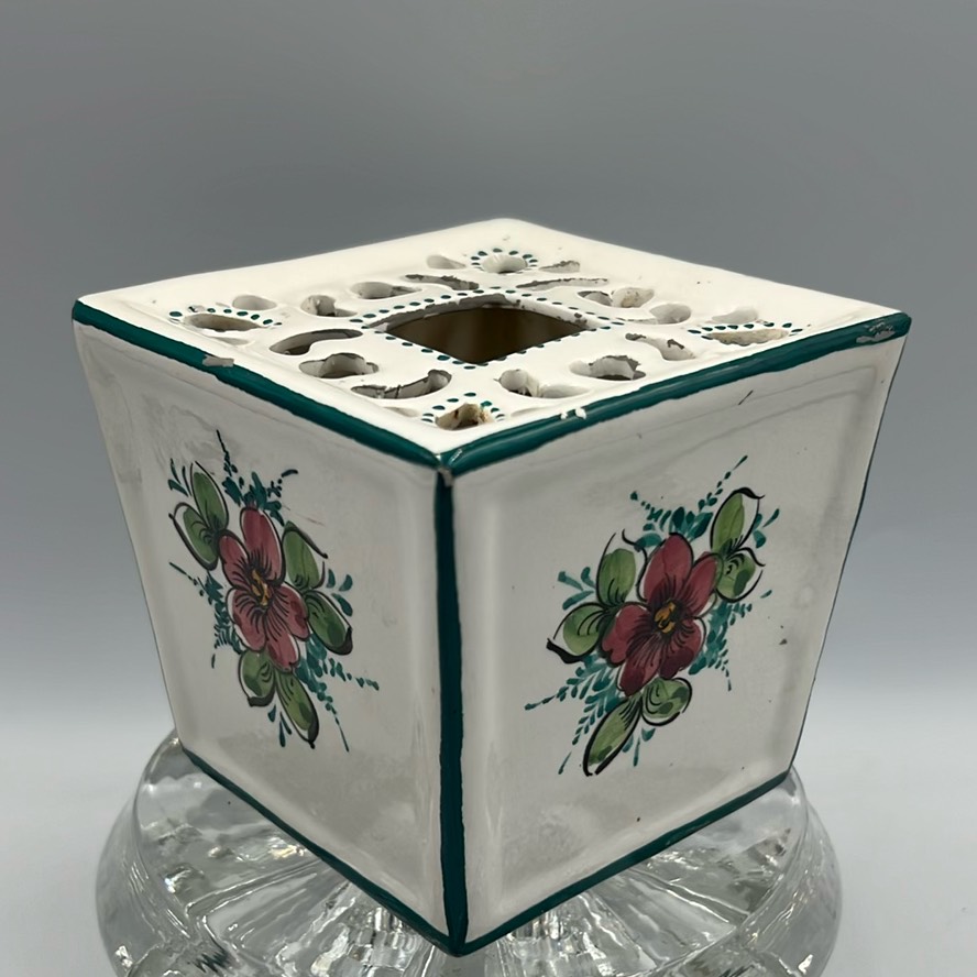 Hand Painted Square Flower Frog Ceramic Vase Portugal 4”