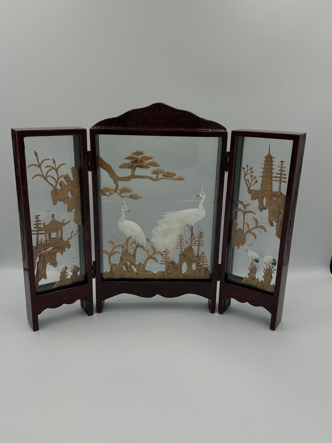 Vintage Chinese Handmade Corkwood Diorama Foldable Table Screen