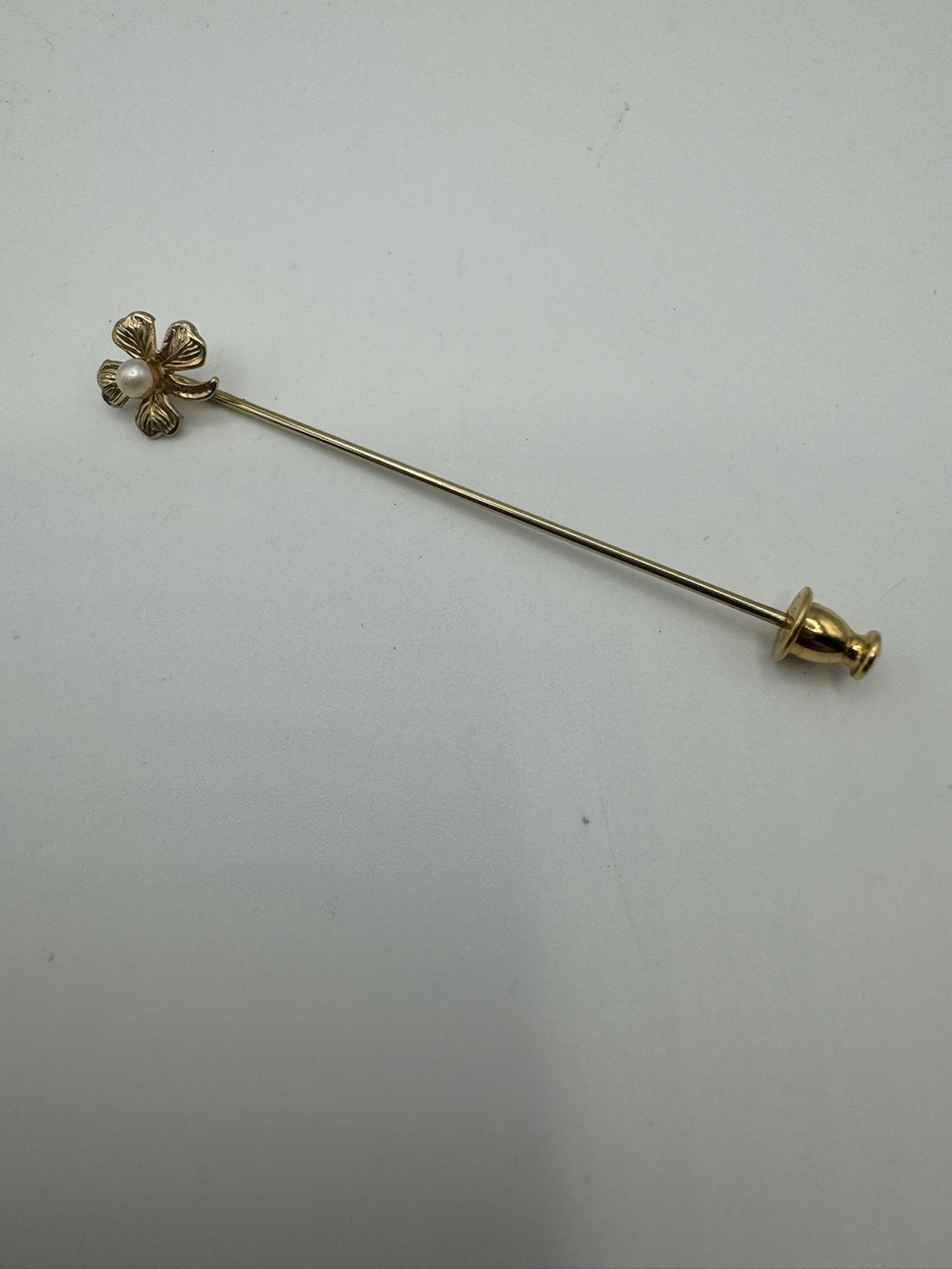 Gold Tone Four Leaf Clover With Pearl Hat Pin Marked Monet