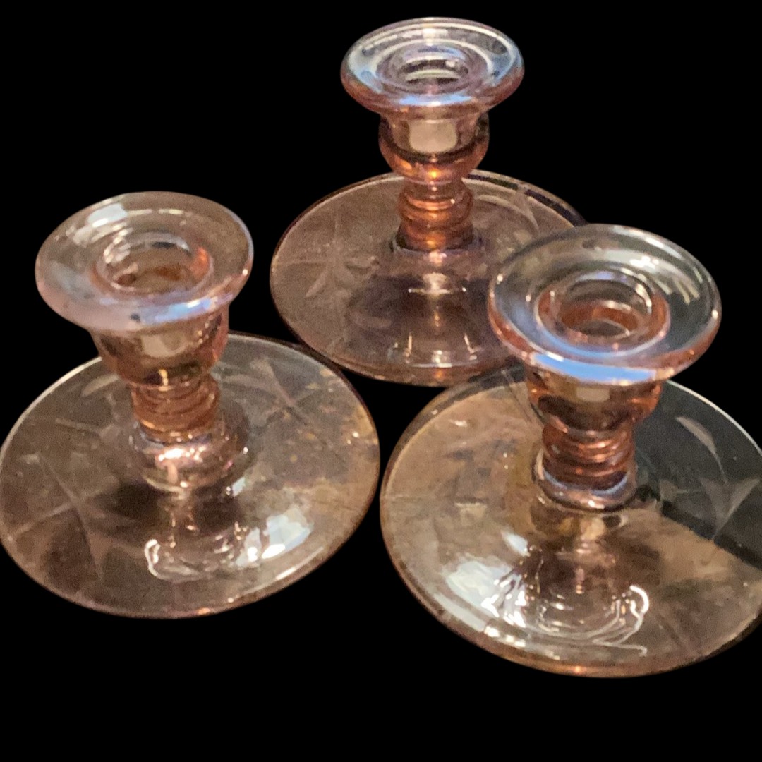 Candlestick Holders Set Of 3 assorted vintage, pink depression, glass ...