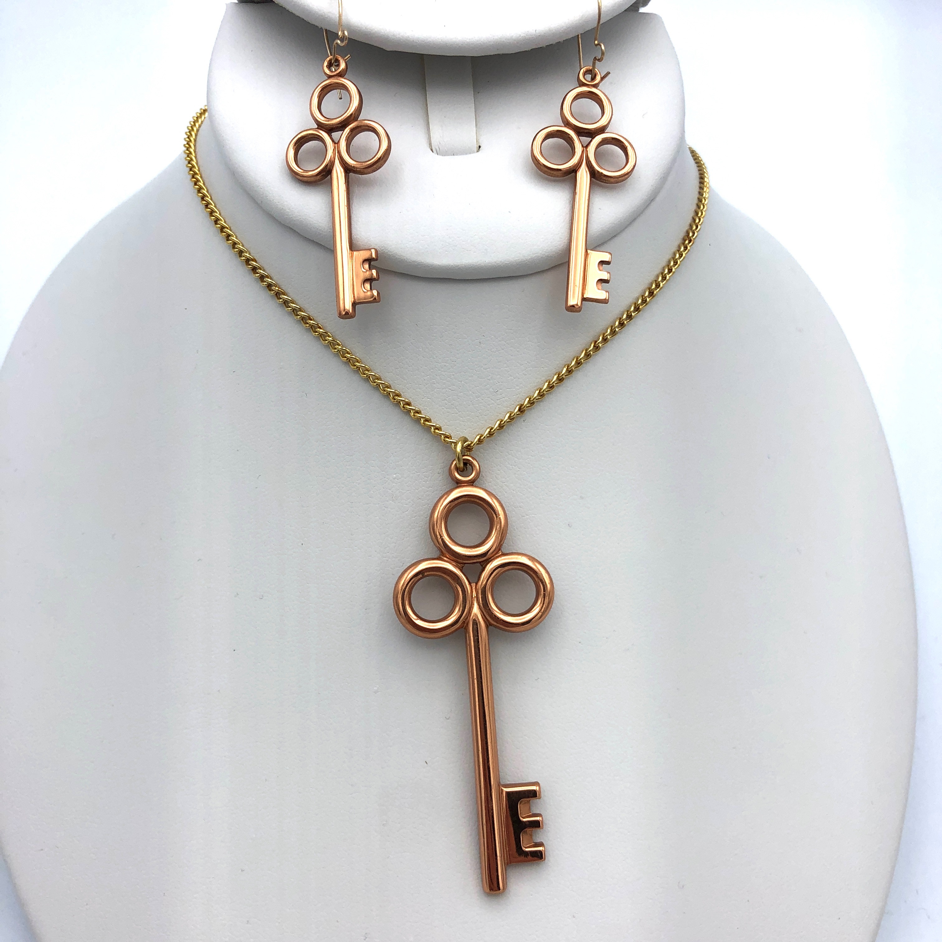 Copper Skeleton Key Necklace and Earrings