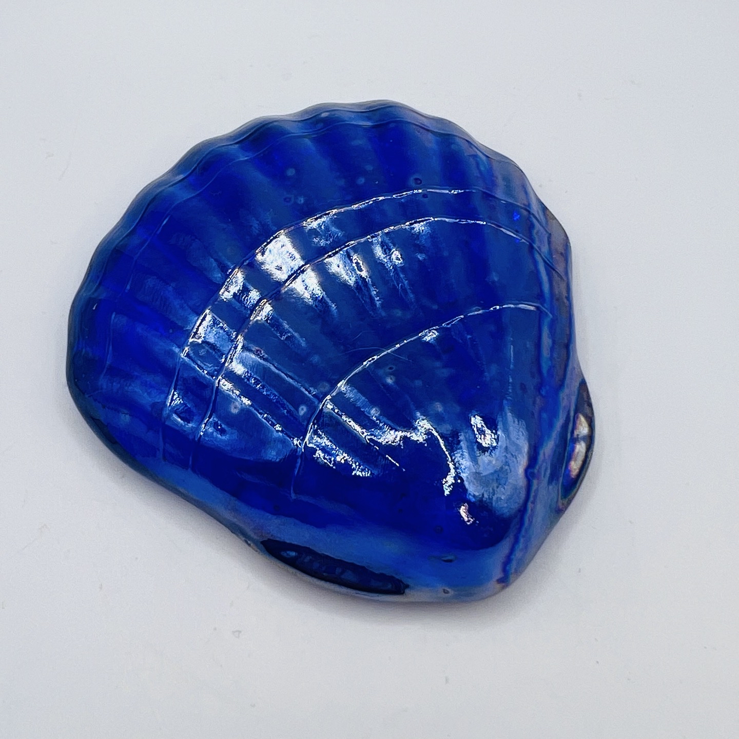 Blue Iridescent Glass Shell Paperweight 3”x 3.25”