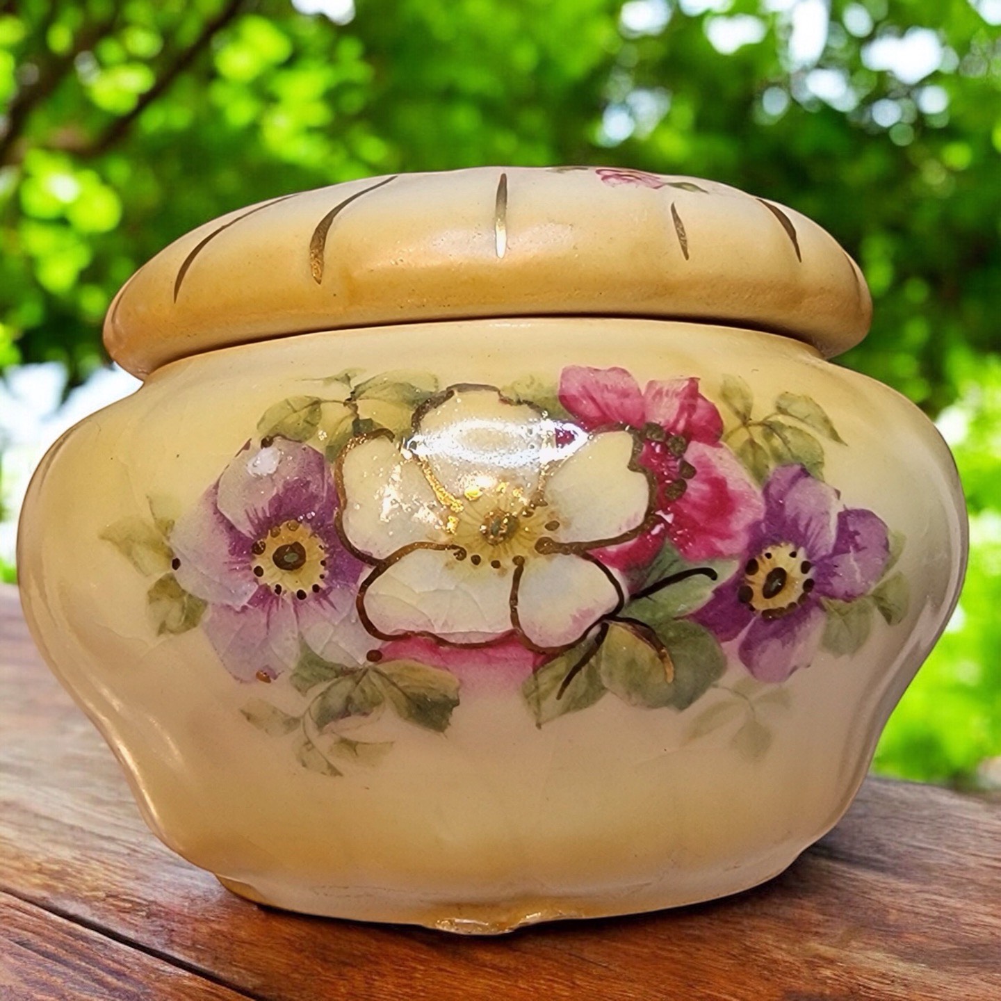 Antique Victorian Porcelain Hair Receiver Art Nouveau Gold Gilt