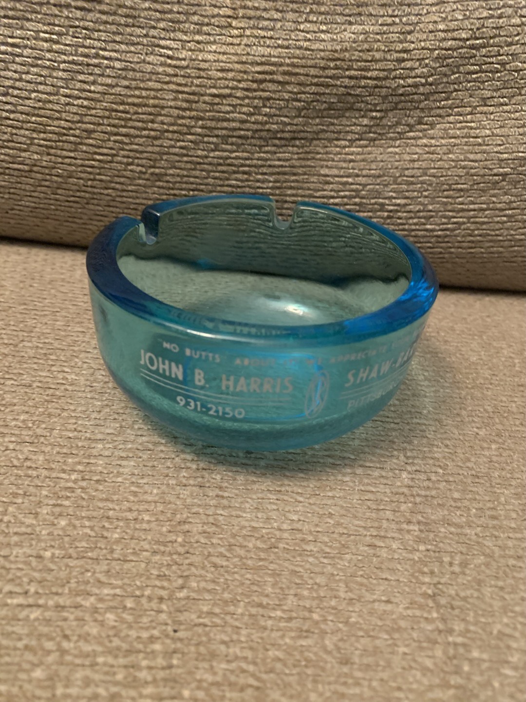 Blue Glass Advertising Ash Tray W/Light Green Glow 3 5/8 X 1 5/8 Inches