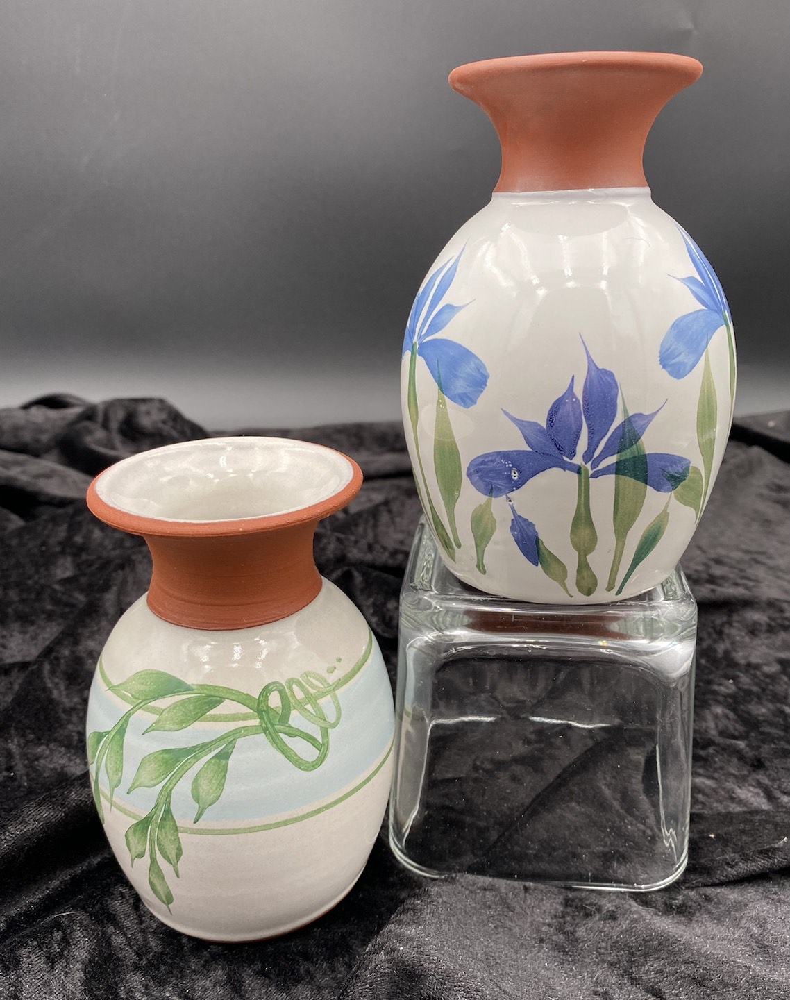 Pair of Vintage Emerson Creek Pottery Red Clay Vases, Purple Irises ...