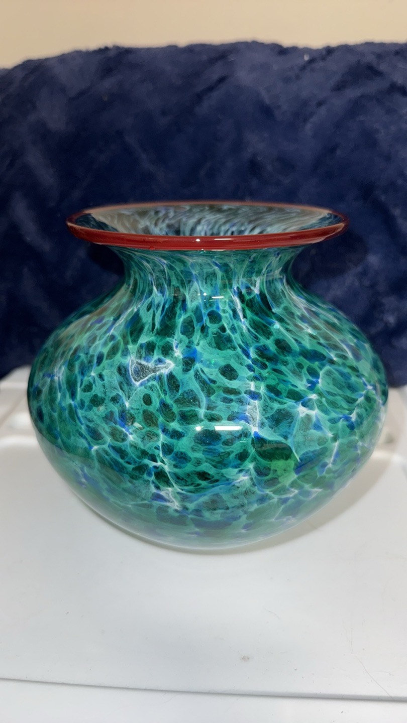 Colin Stone Handblown Art Glass Vase 6” tall 6.5” wide blue green with ...