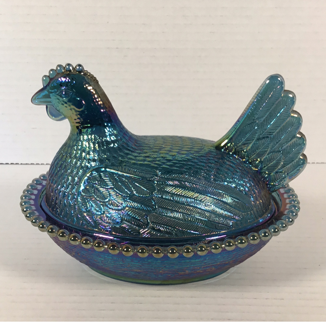 Vintage Hen On Nest Indiana Blue Carnival Glass