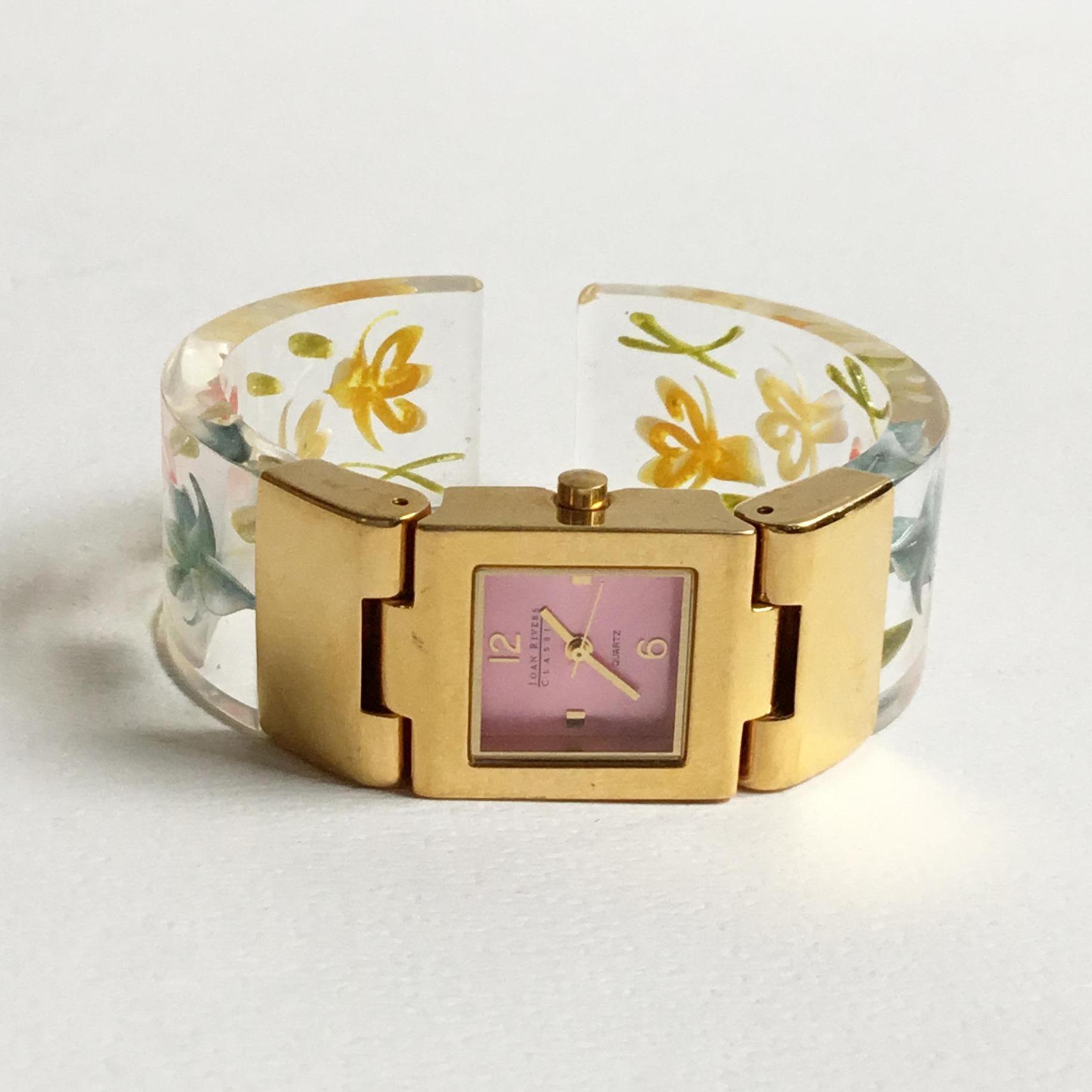 Joan Rivers Reverse Carved Floral Flowers Lucite Watch Hinged Cuff