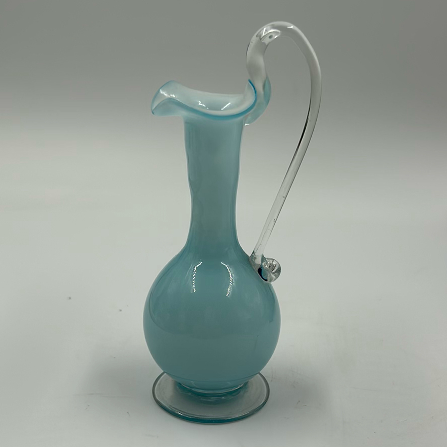 Vintage Baby Blue Cased Glass Vase/ Pitcher With A Delicate Clear Handle