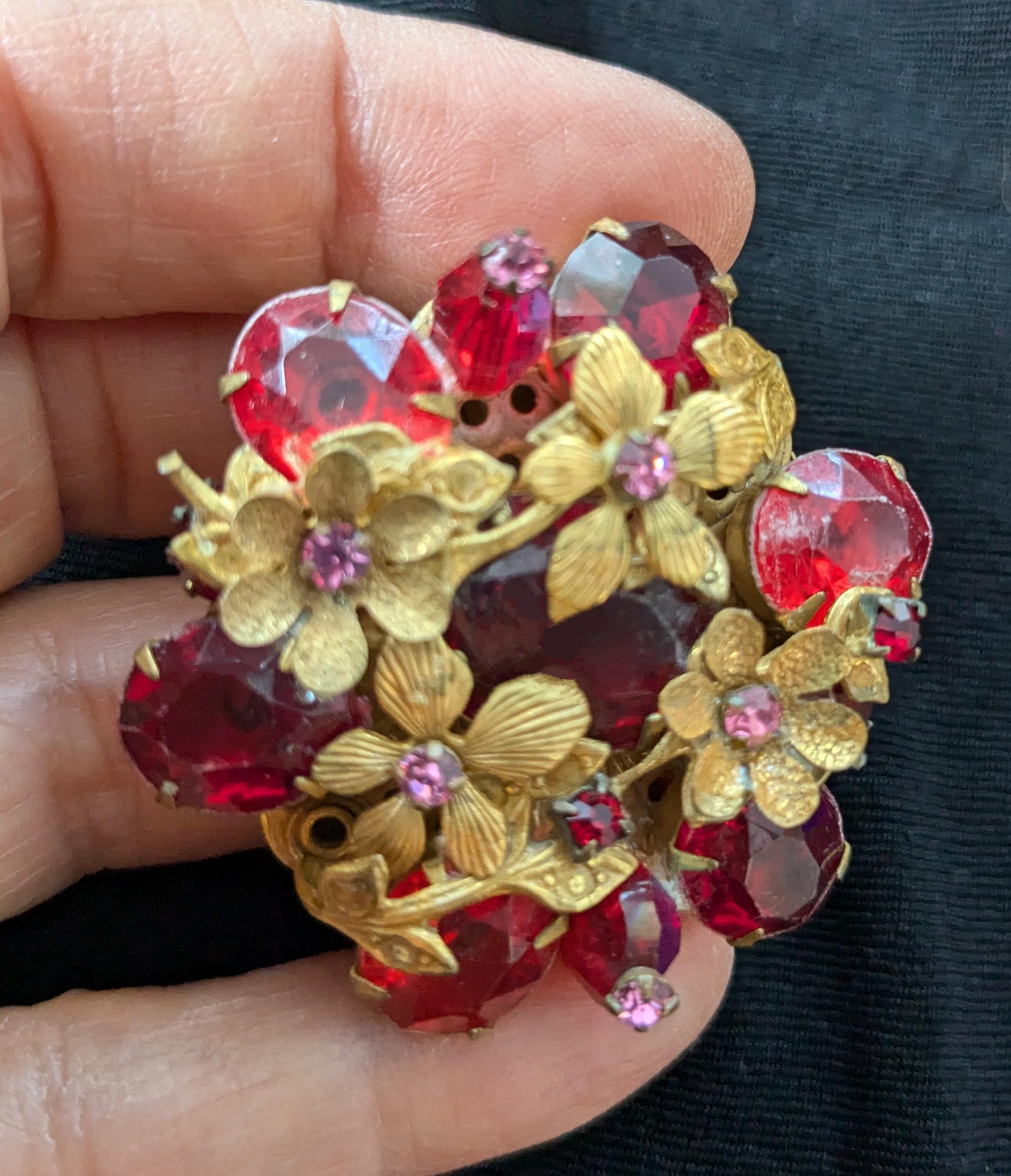 Floral Red and Gold Brooch with Pink Rhinestones