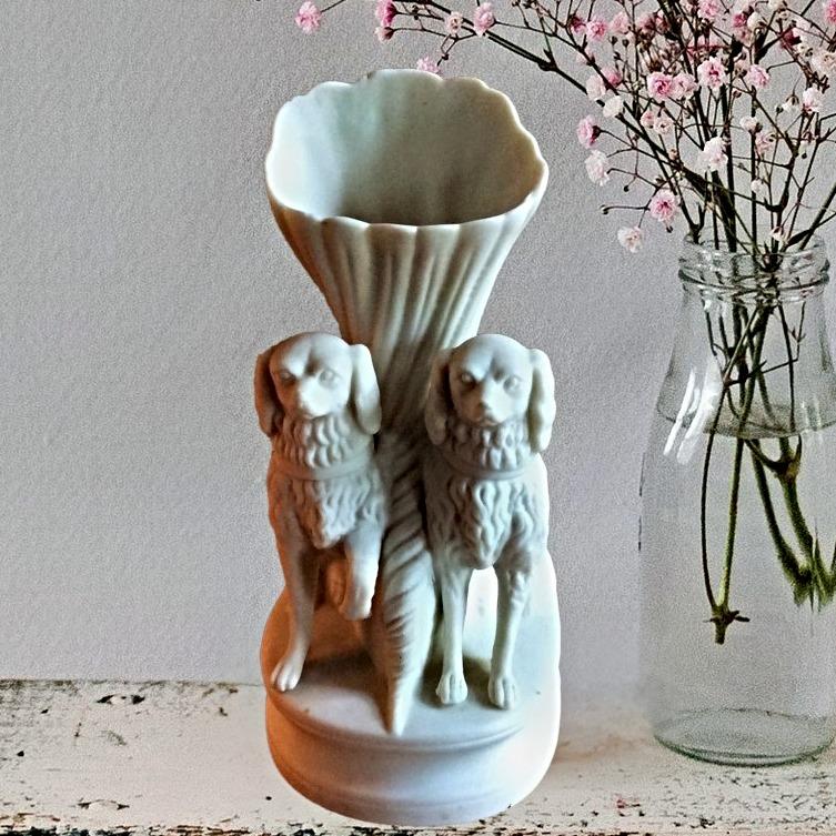 Parian Vase with Spaniel Dogs, Seashell Design, Porcelain Spaniel Dog ...