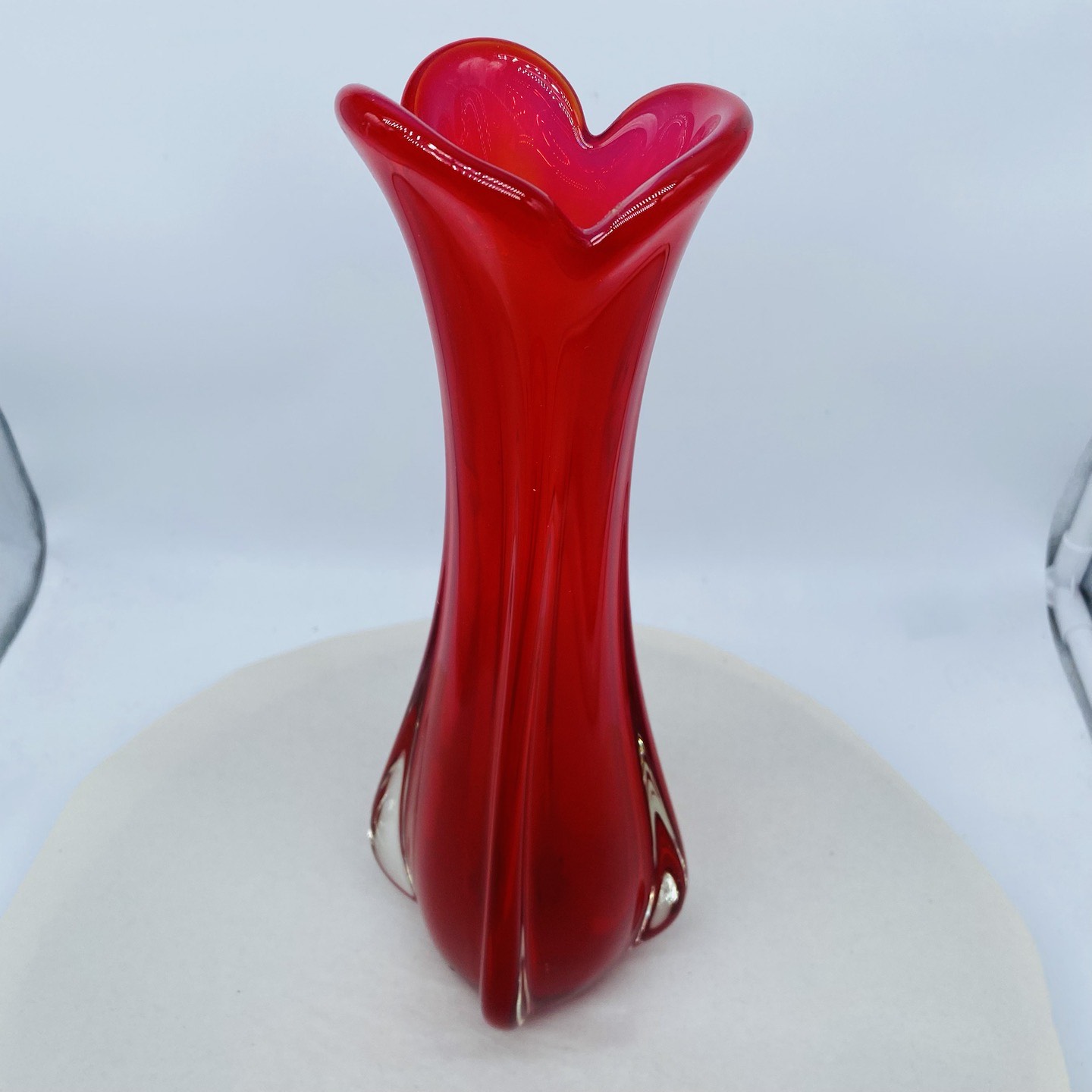 #0324 Ruby Red Tall 3 Finger Glass Sommerso 11.5 Inches Art Glass Vase