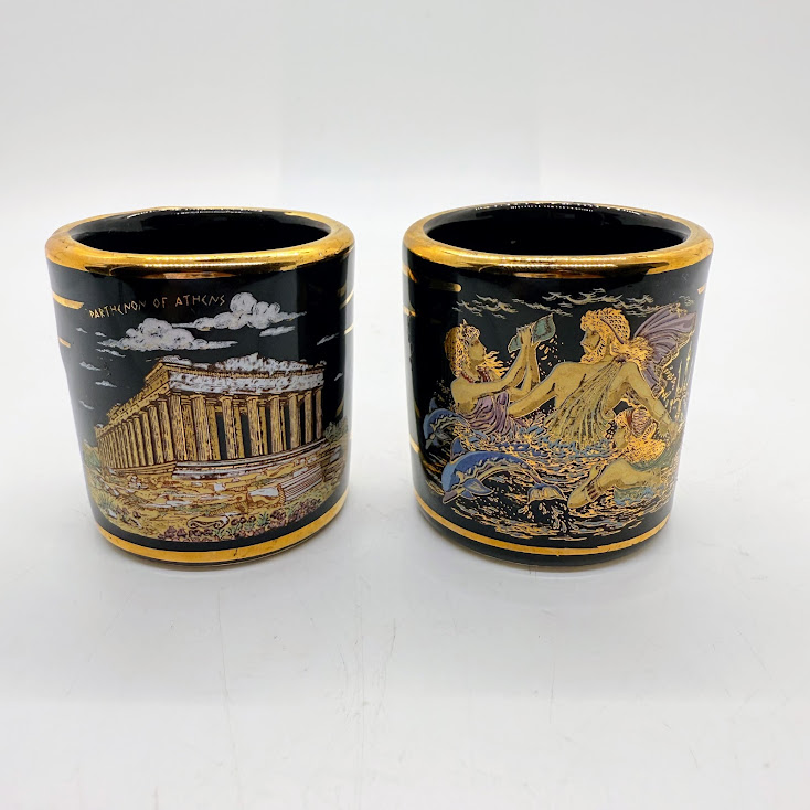 Vintage Greek Shot Glasses Black 24K Gold Parthenon Poseidon ...