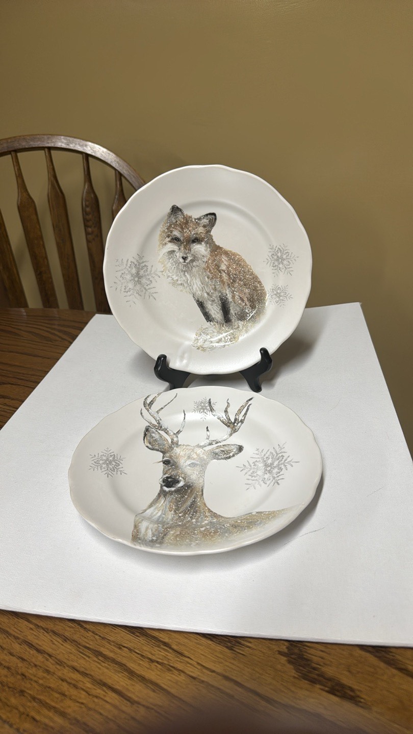 Alder & Ash Winter Woodland Snowflake Deer & Fox 8.5" Porcelain Scallop ...