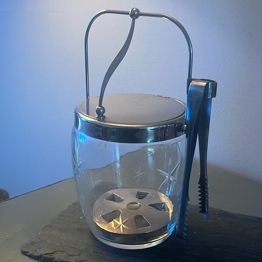 Vintage Etched Stars Glass Ice Bucket W Tongs