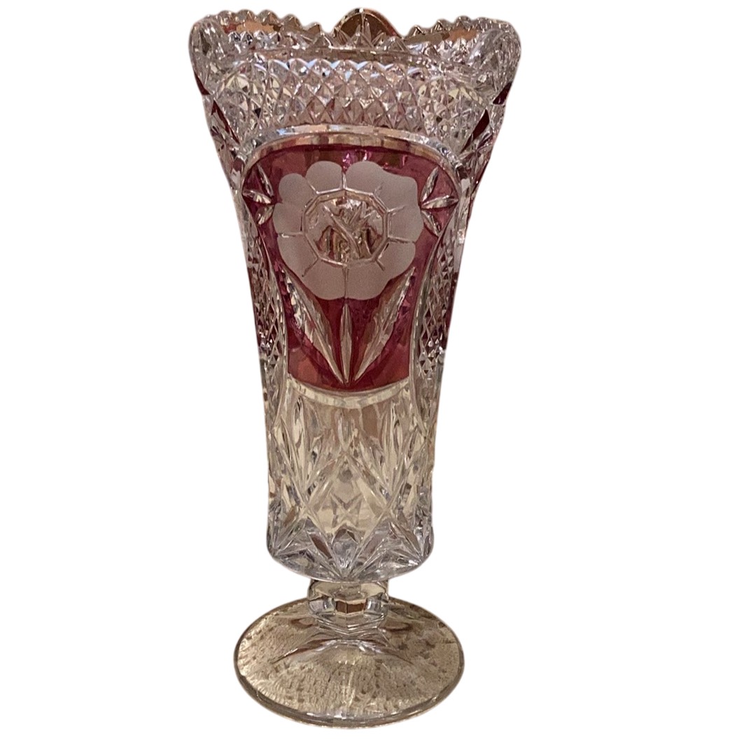 West Germany Cut Glass Crystal Small Vase Cranberry Panels