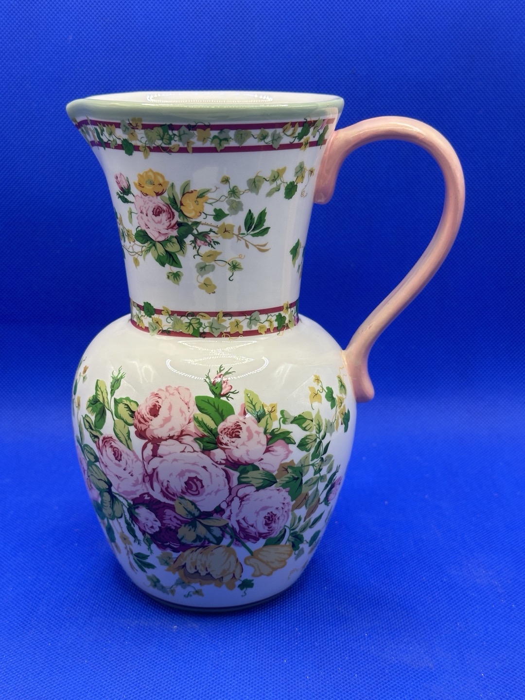 #950 Laura Ashley Vintage FTD Pink Floral Pitcher Jug Vase