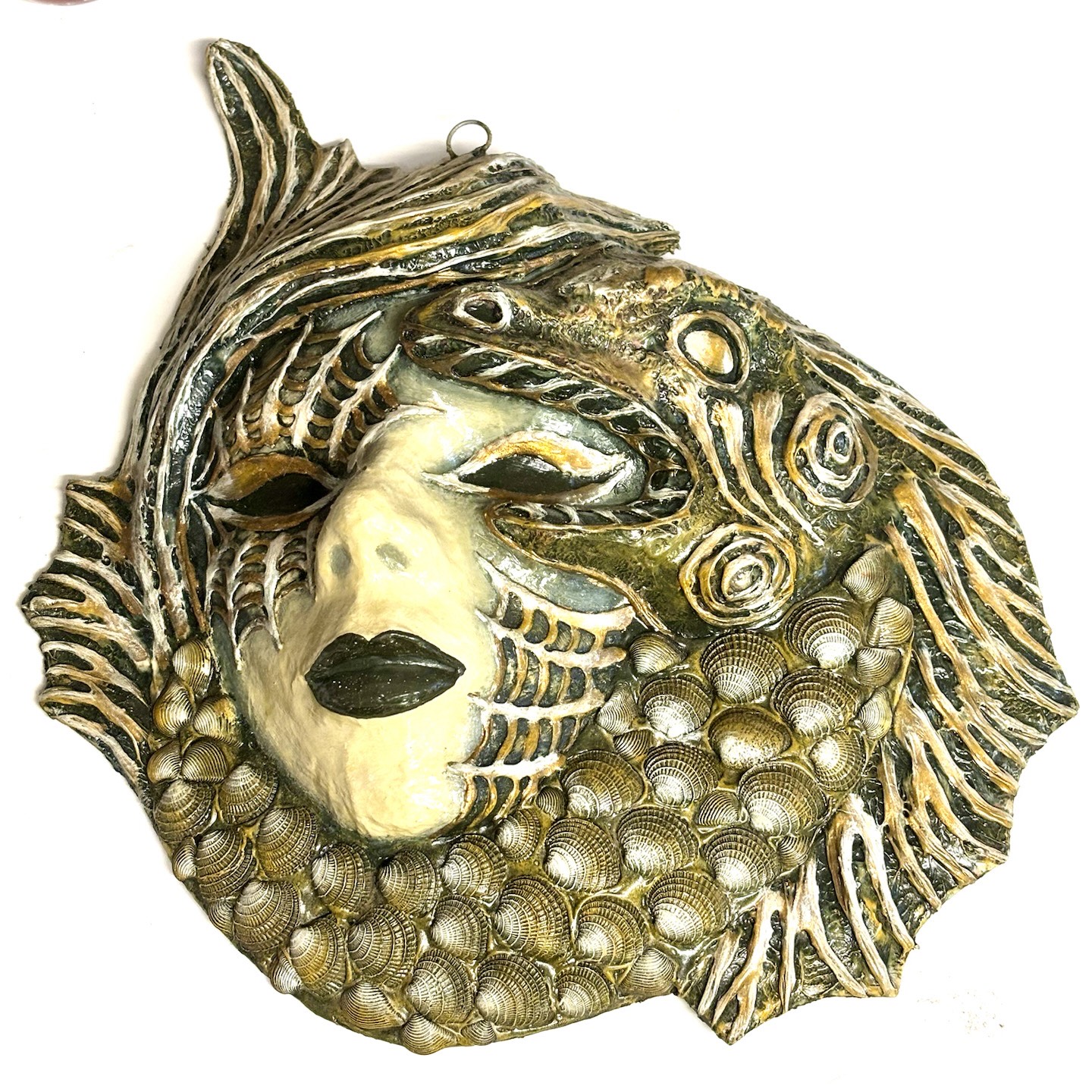 Paper Mache Mermaid Sea Creature Face Wall Hanging 10”x13”