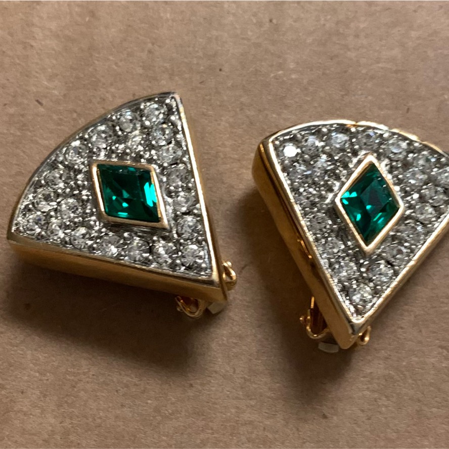 Gold Tone Triangle Shape Earrings With Green Rhinestone Diamond Shape ...