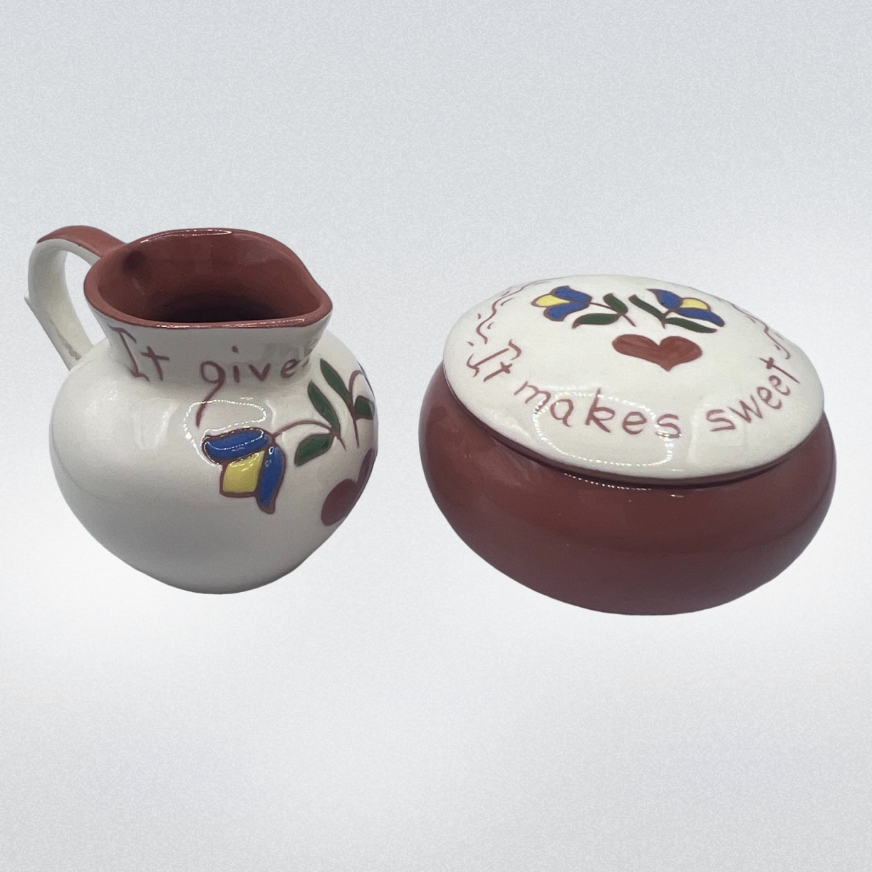 Signed Pennsylvania Dutch Pottery Creamer And Sugar “It Gives Cream ...