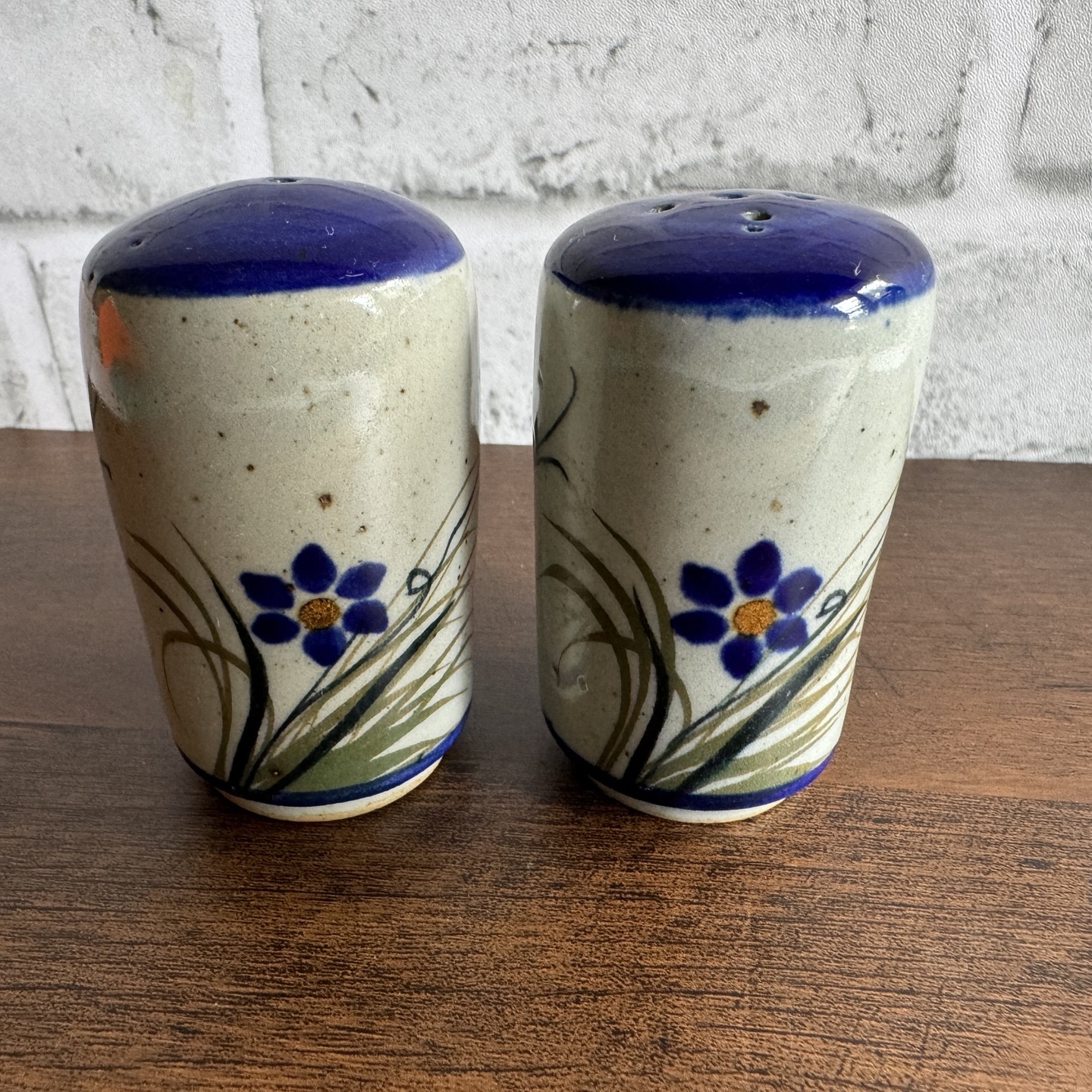Vintage Mexican Pottery Salt & Pepper Shakers Blue & Grey Floral