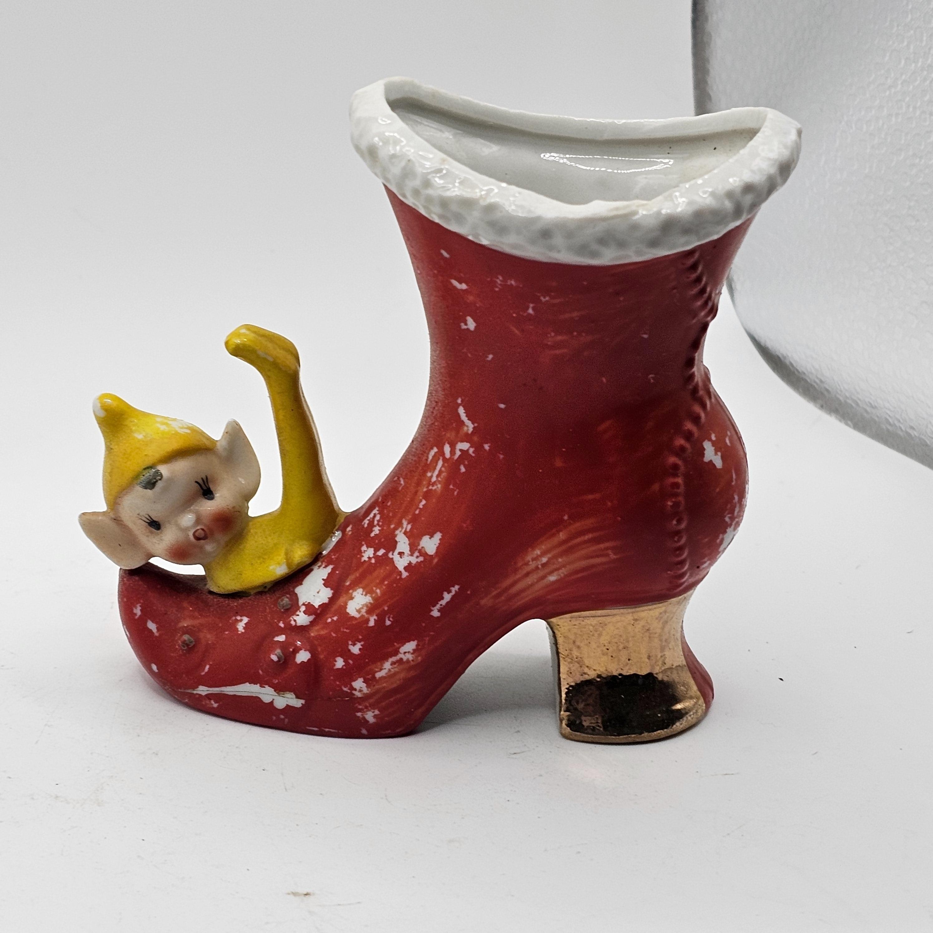 Vintage Christmas Pixie Elf In Red Boot Ceramic Porcelain Elf Missing
