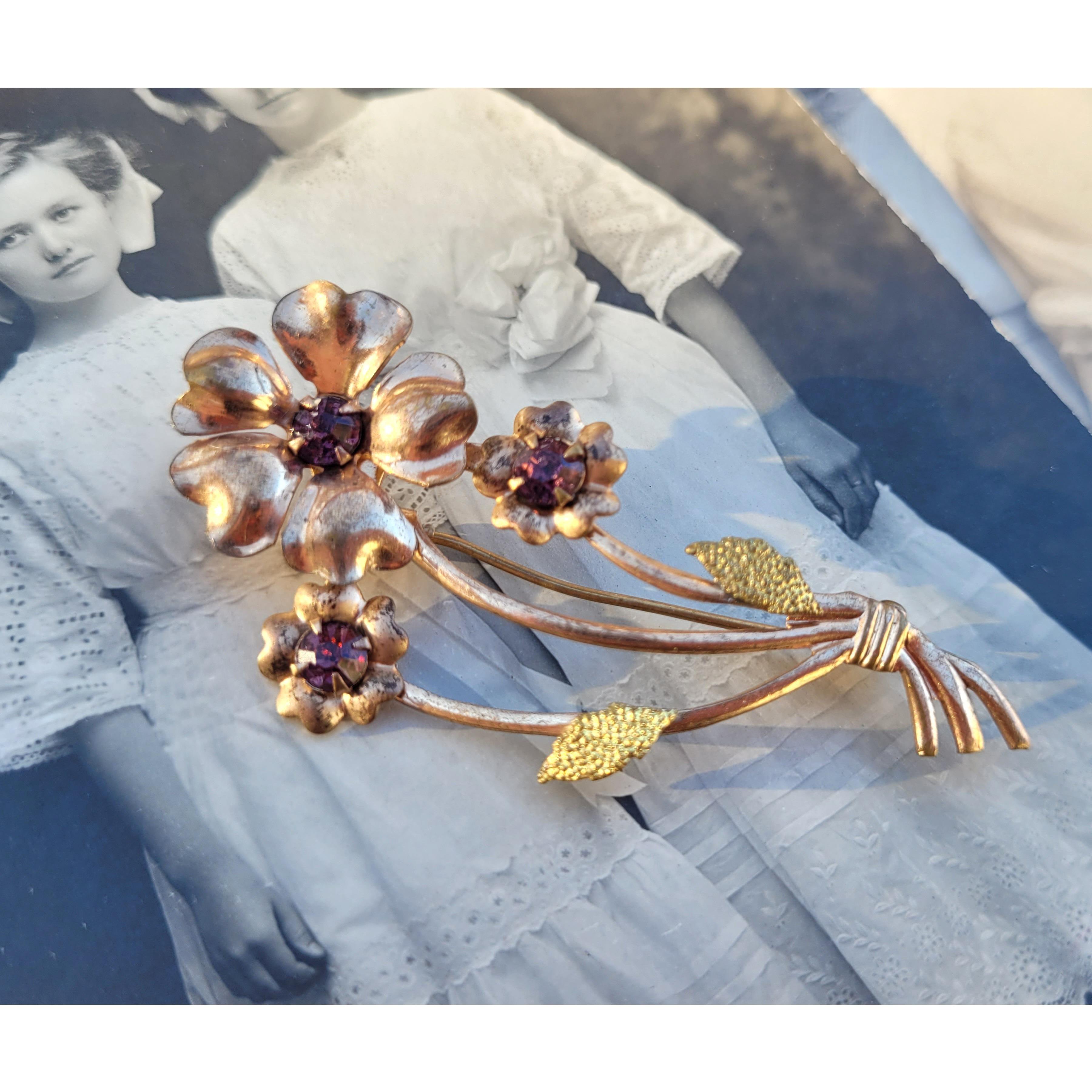 Vintage WW2 Era Rose Gold Filled Purple Rhinestone Floral Brooch Pin