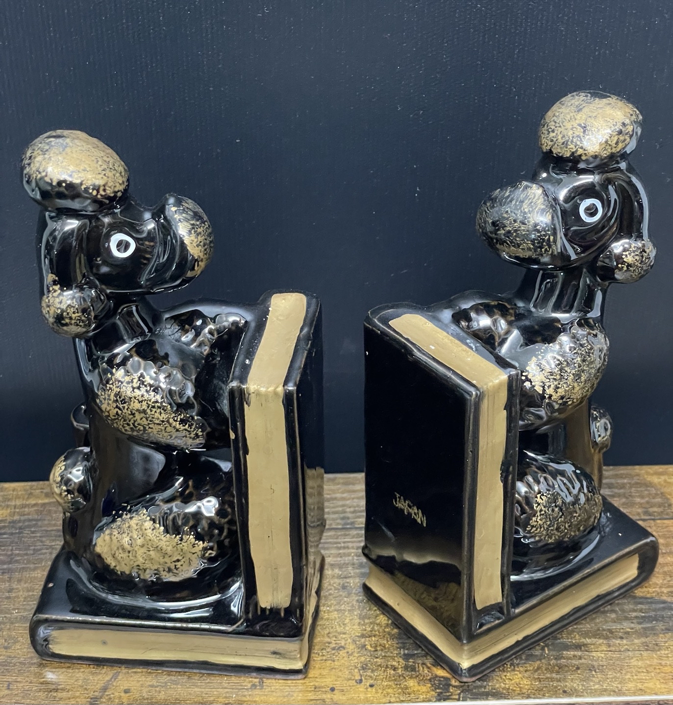 Black/ Gold Poodle Bookends with Pen Holders Japan 1950s
