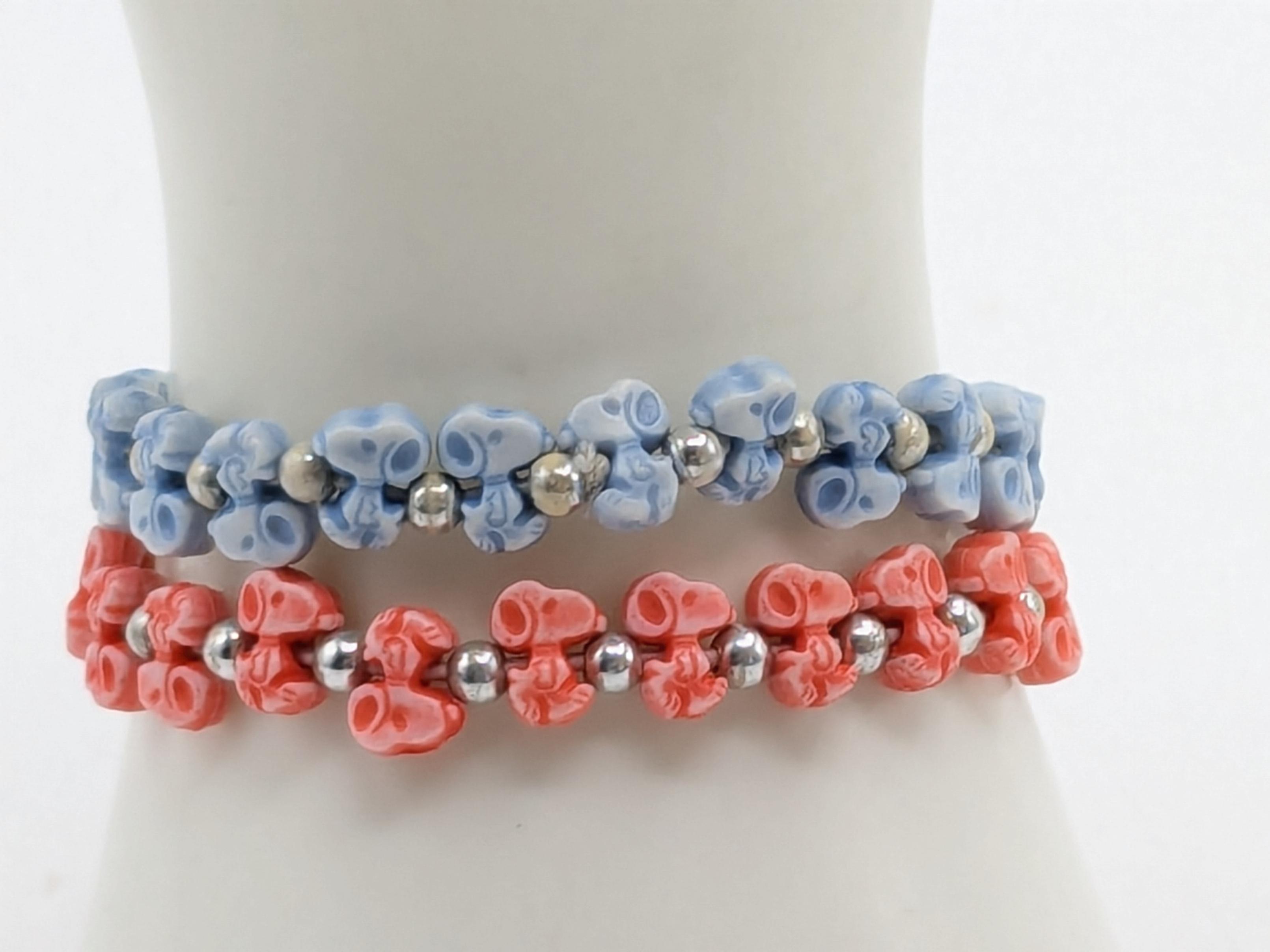 Snoopy Stretch Bracelets Pink and Blue x 2 Silver Tone