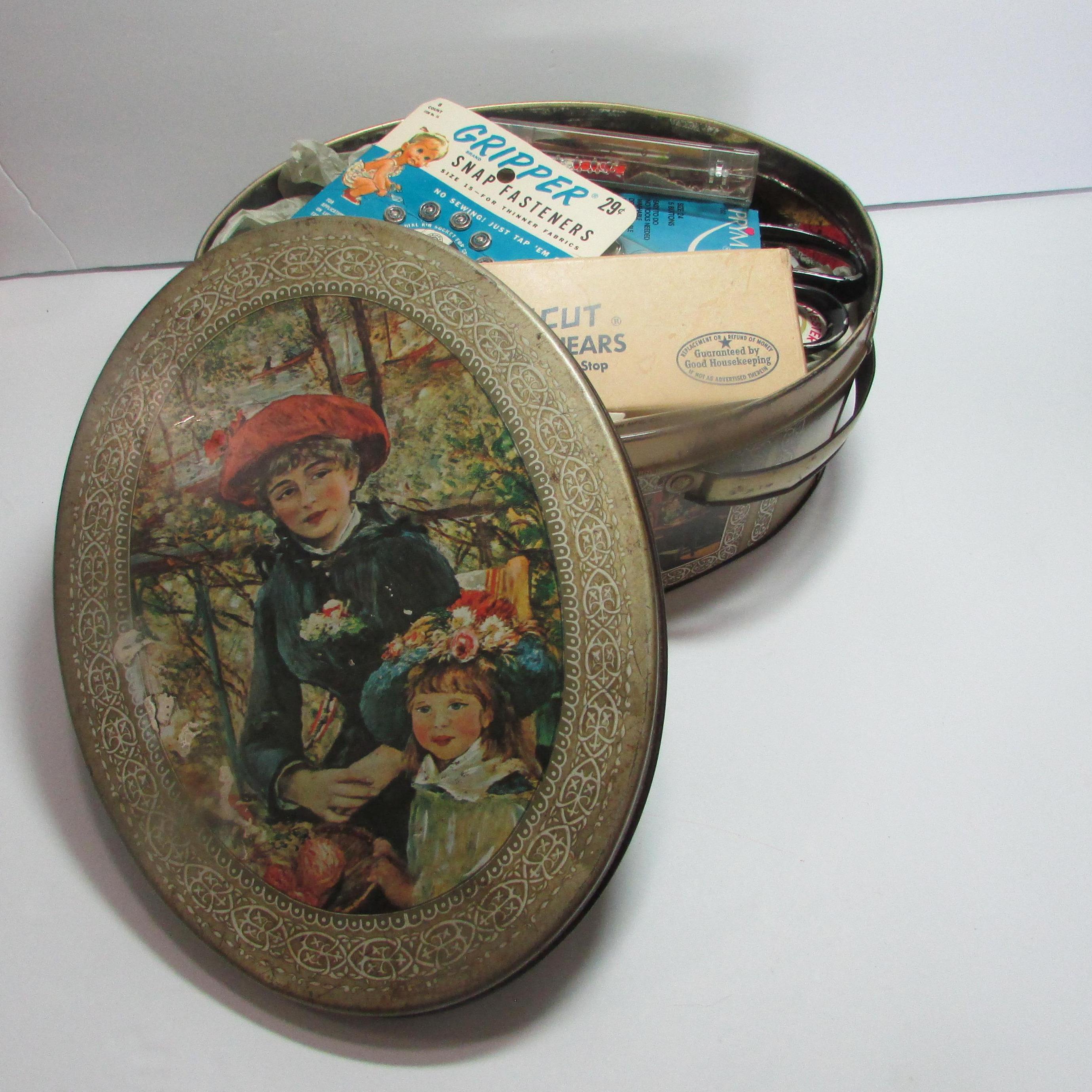 vintage Victorian lunch oval tin with handles filled with sewing ...