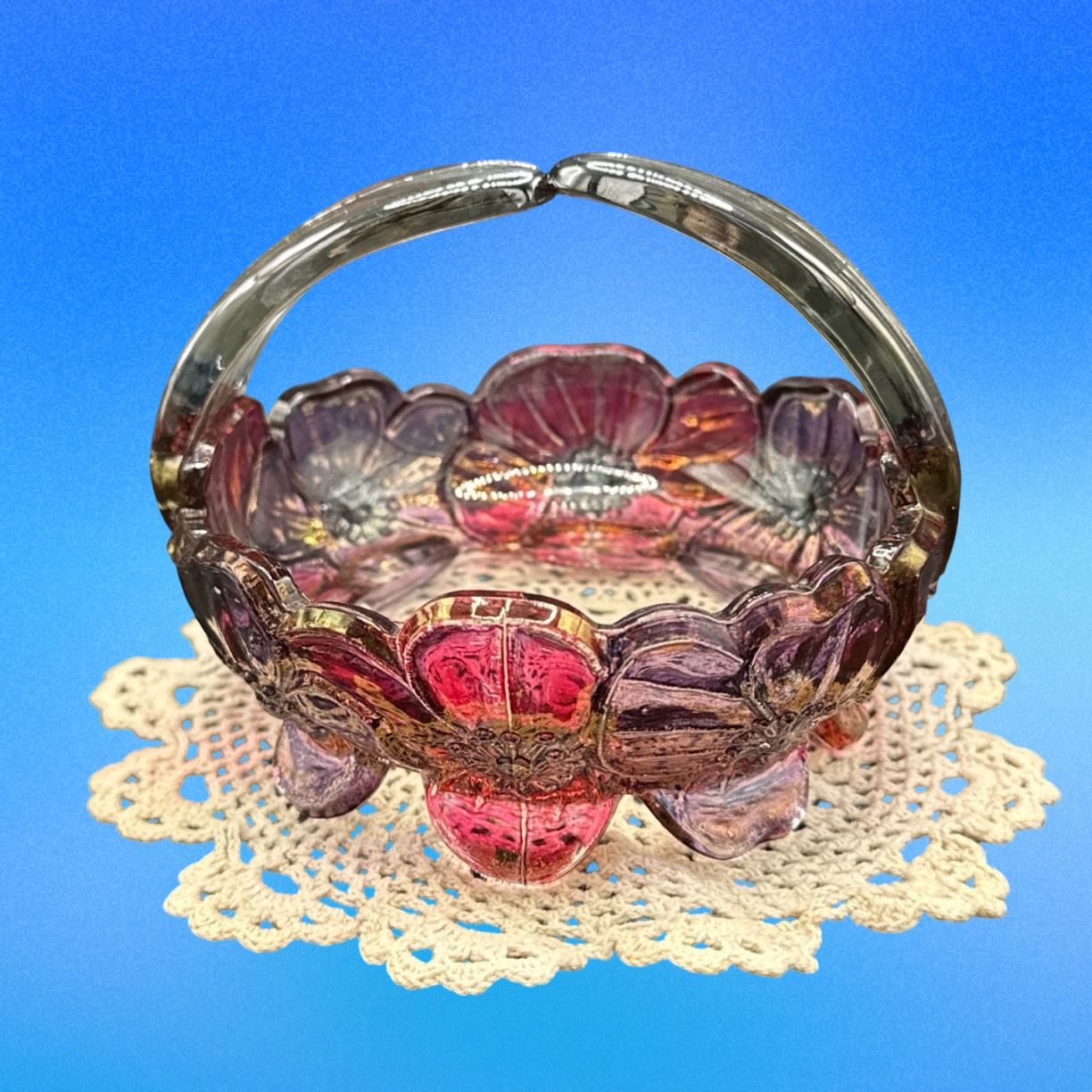 Westmoreland Cranberry & Pink Pansy Split Handle Glass Candy Dish