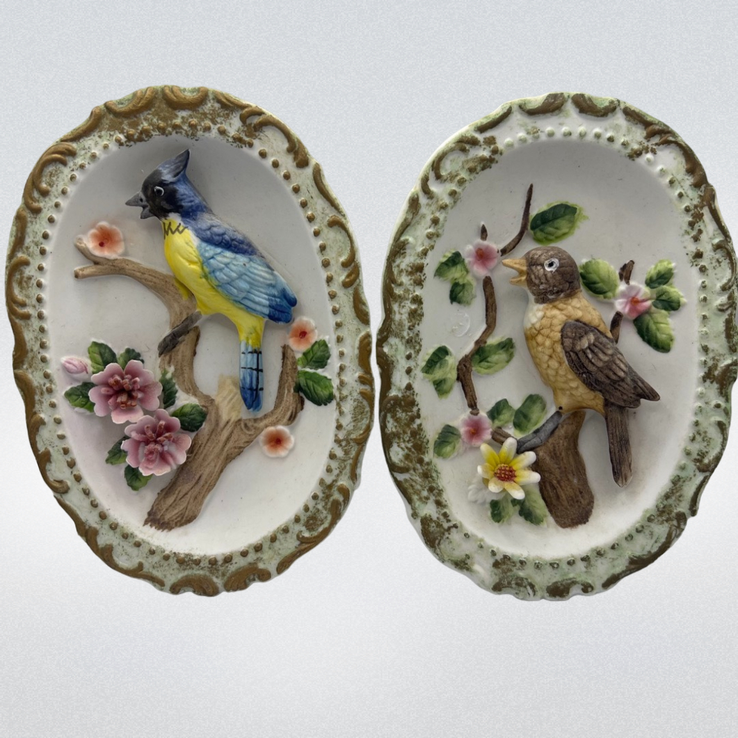 Set Of Dimensional Bird Ceramic Wall Plaques 4.5”x 6.75” By Norleans