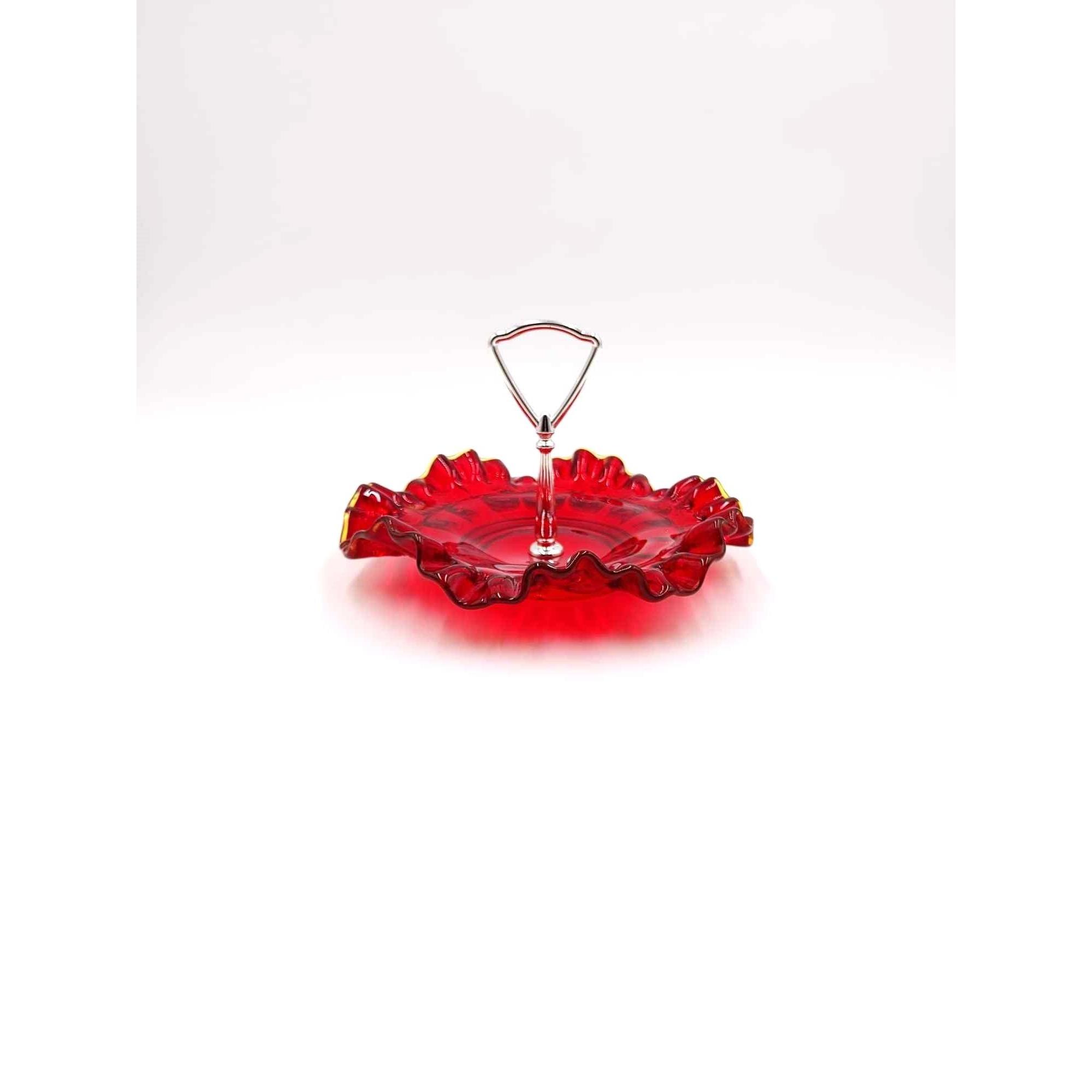 Fenton Ruby Red Gold Crest Ruffle Candy Dish Tidbit Glass Vintage