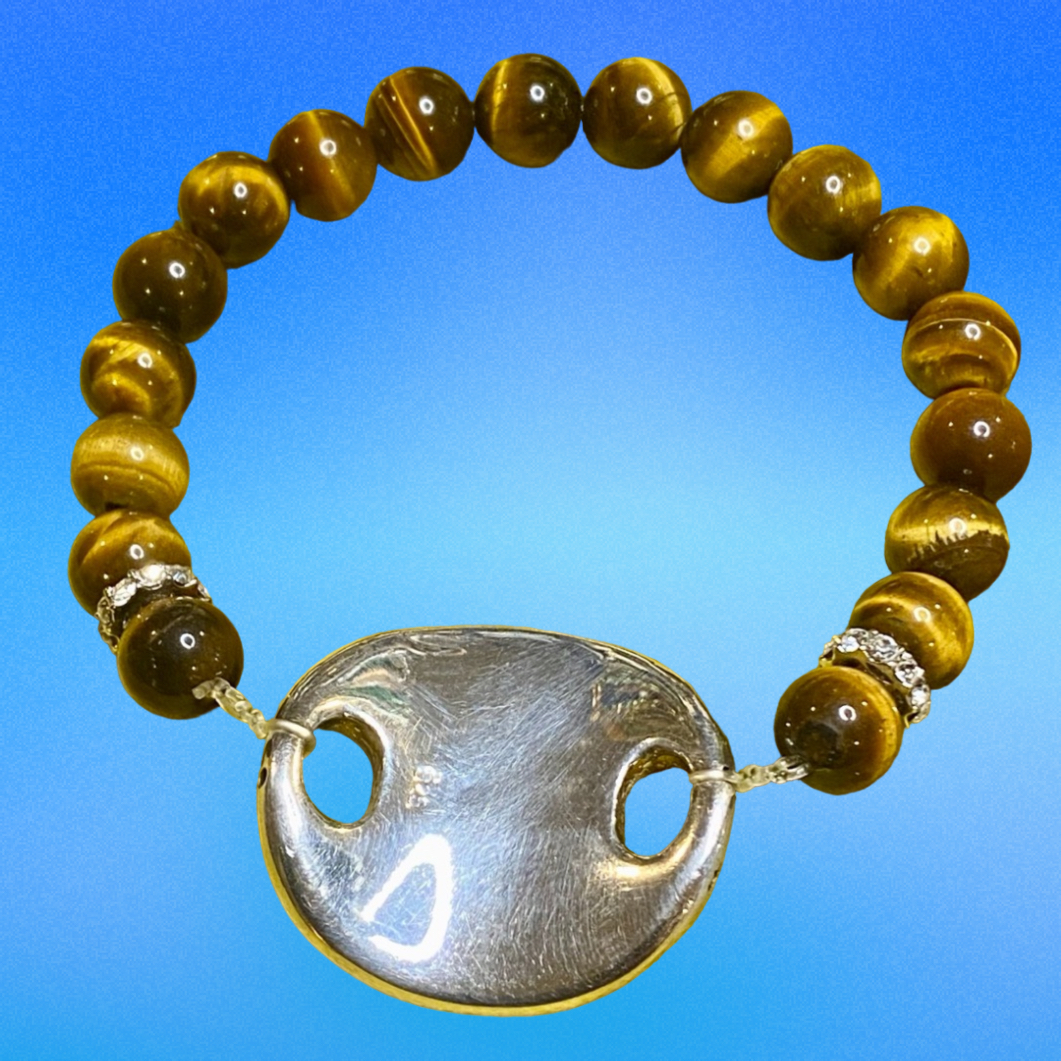 Genuine Tigers Eye Protection Bracelet w/ Modernist Sterling Silver Charm