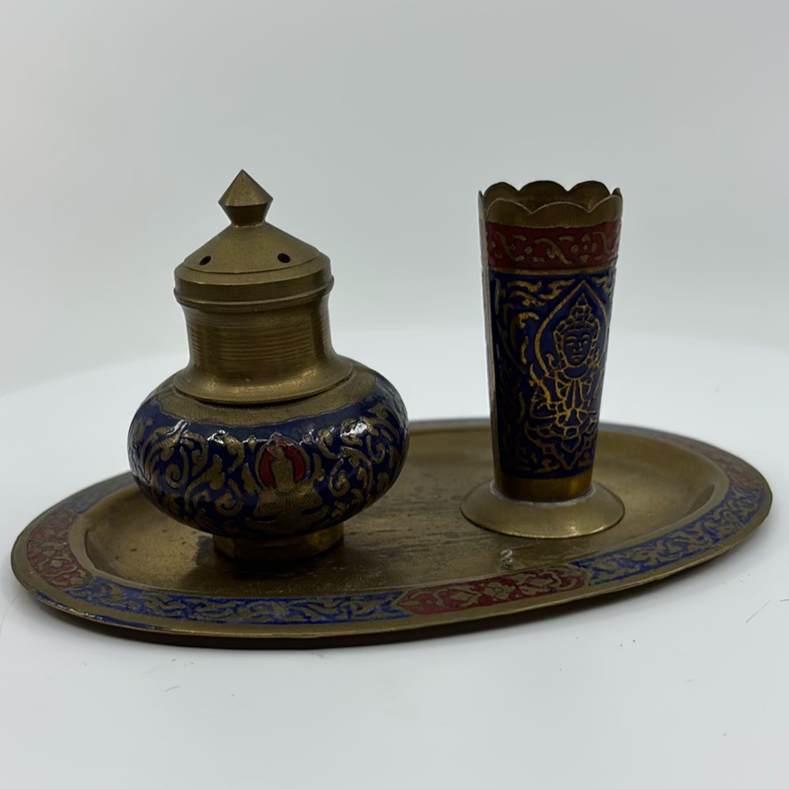 Thai Brass Enamel Vintage Shaker, Tray & Toothpick Holder Set