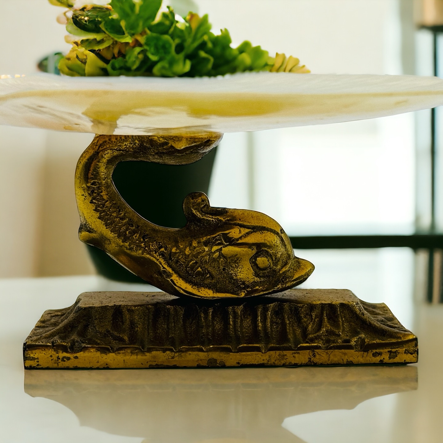 Dolphin / Fish Footed Candy Dish Raised Mother Of Pearl Nacre Shell Vintage