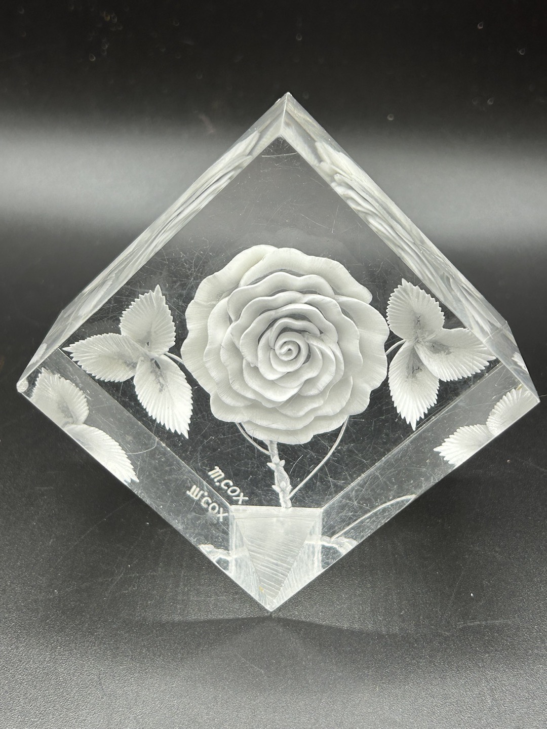 Flower Signed Lucite Paperweight/figurine