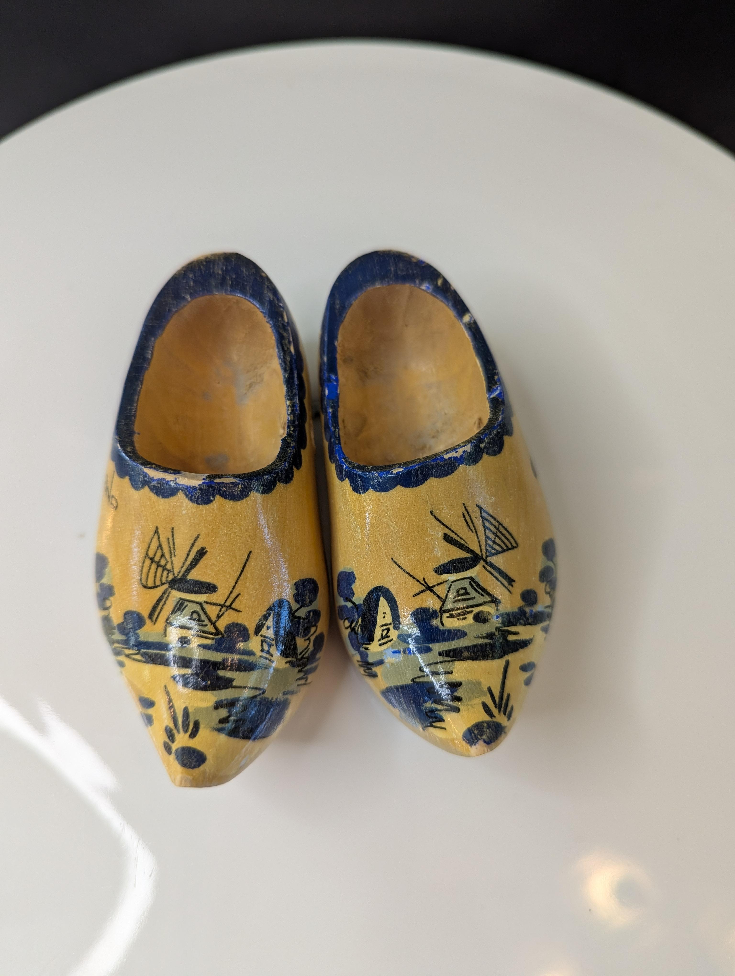 Vintage Dutch Wooden Clogs, Hand-Painted Blue Windmill Design ...