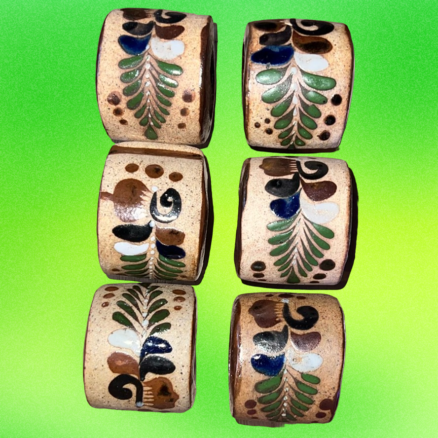 NETZI Ceramic Stoneware Napkin Rings Lot Of 6 Hand Made/Painted MEXICO