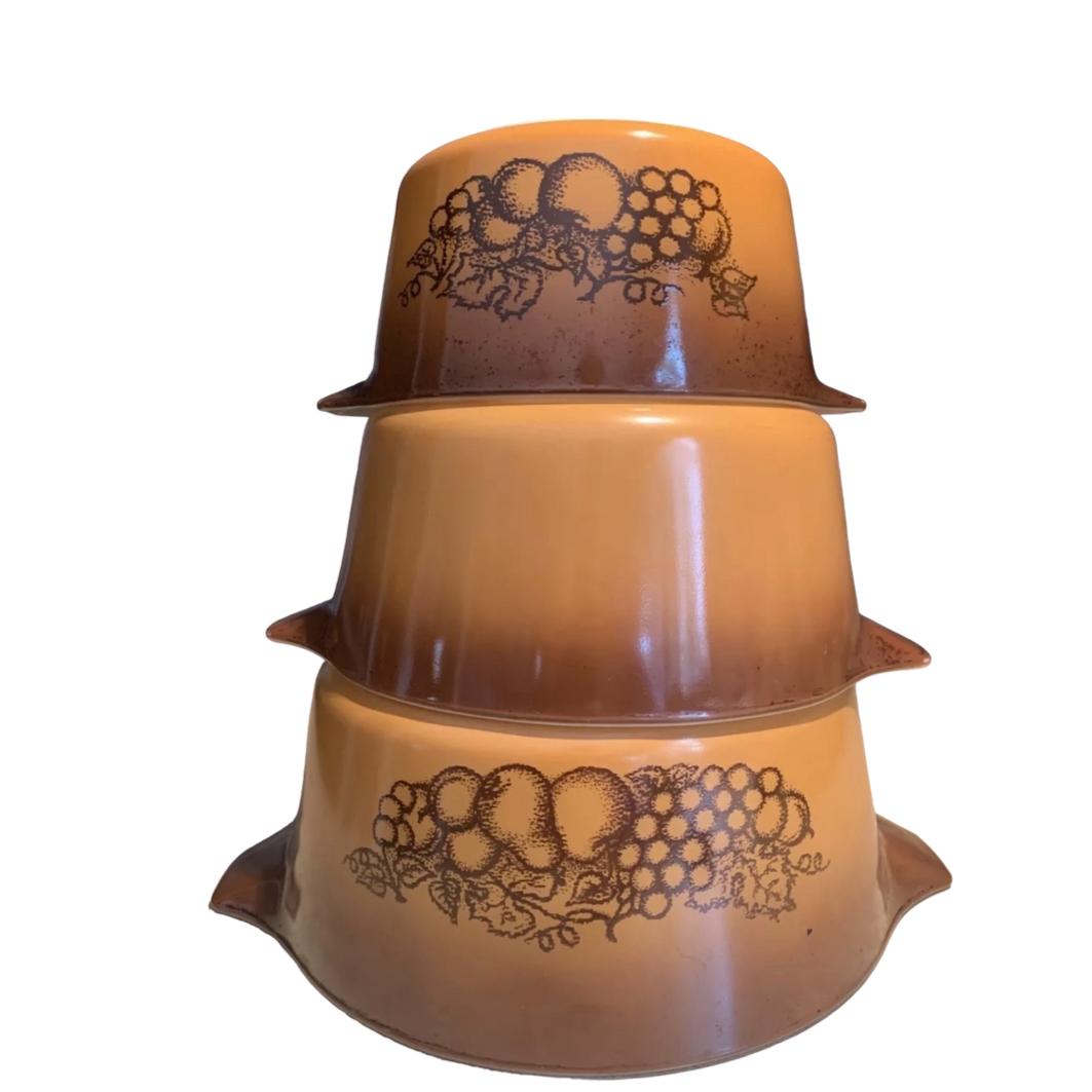 Pyrex Vintage Old Orchard 3 Pc Nesting Baking/Serving Dishes Brown with ...