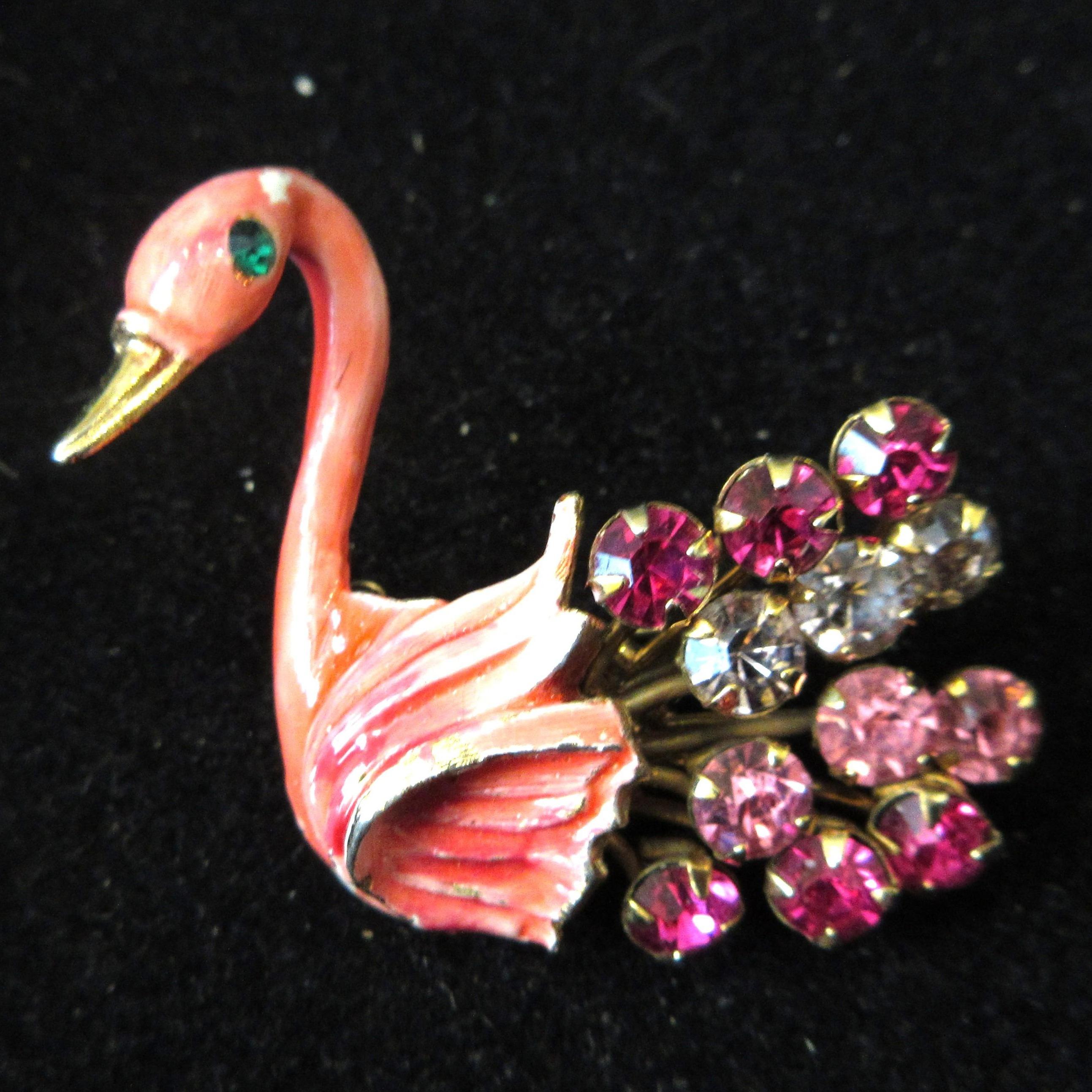 Vintage Enamel on Gold Tone Metal Pink Flamingo with Pink and Clear ...